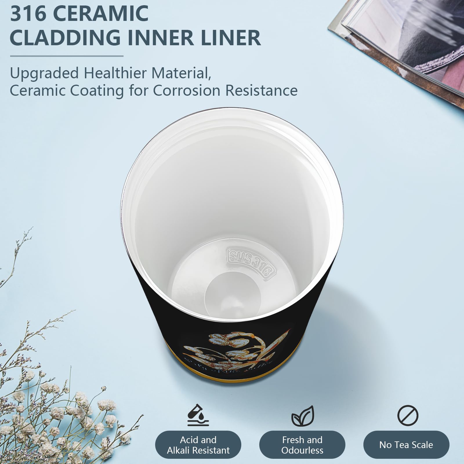 Simcat Coffee Tumblers 316 Ceramic-Lined Insulated Stainless Steel Travel Coffee Mug Leak Proof 17oz Coffee Tumblers with Lid and Straw for Keep Hot/Ice Coffee,Tea (Black)