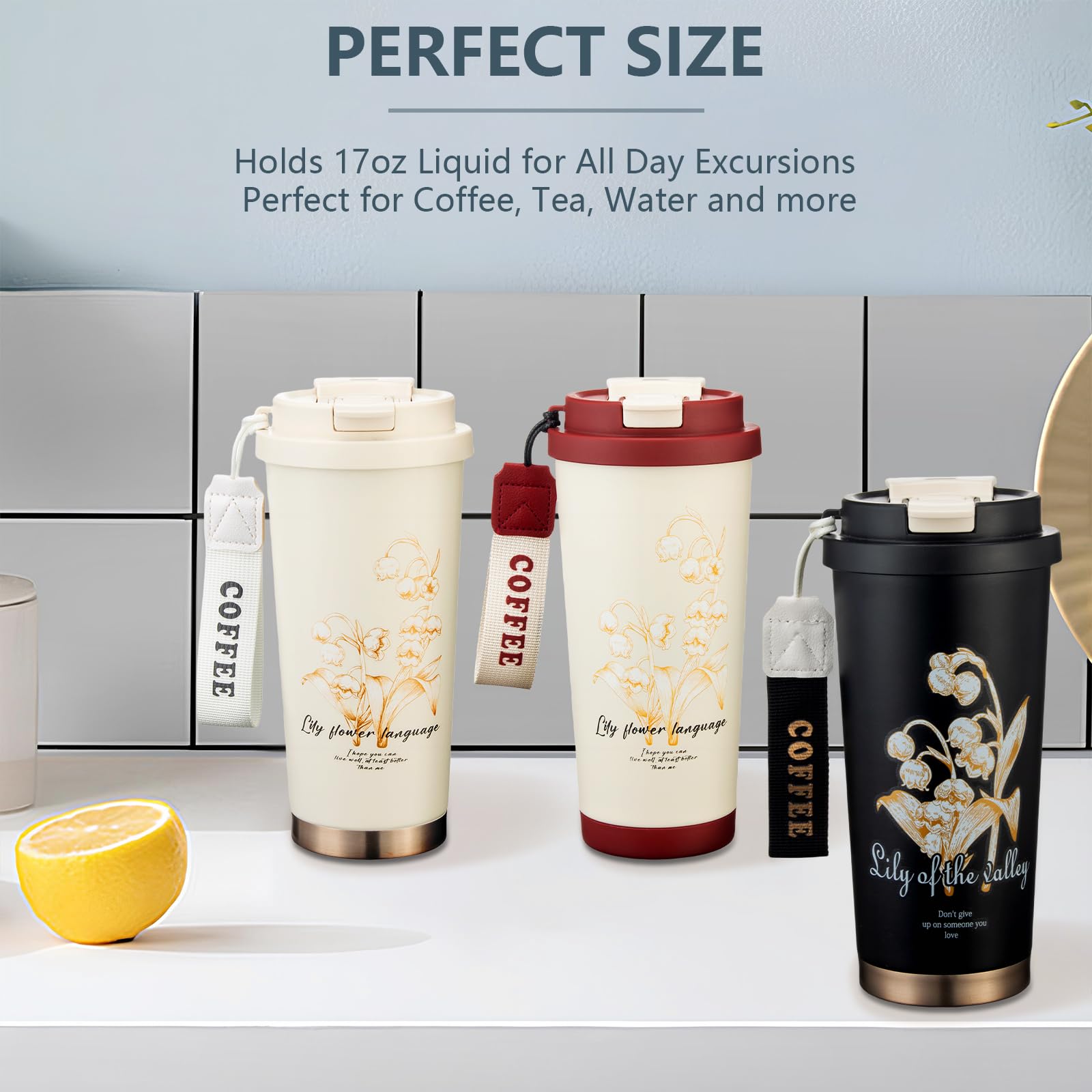 Simcat Coffee Tumblers 316 Ceramic-Lined Insulated Stainless Steel Travel Coffee Mug Leak Proof 17oz Coffee Tumblers with Lid and Straw for Keep Hot/Ice Coffee,Tea (Black)