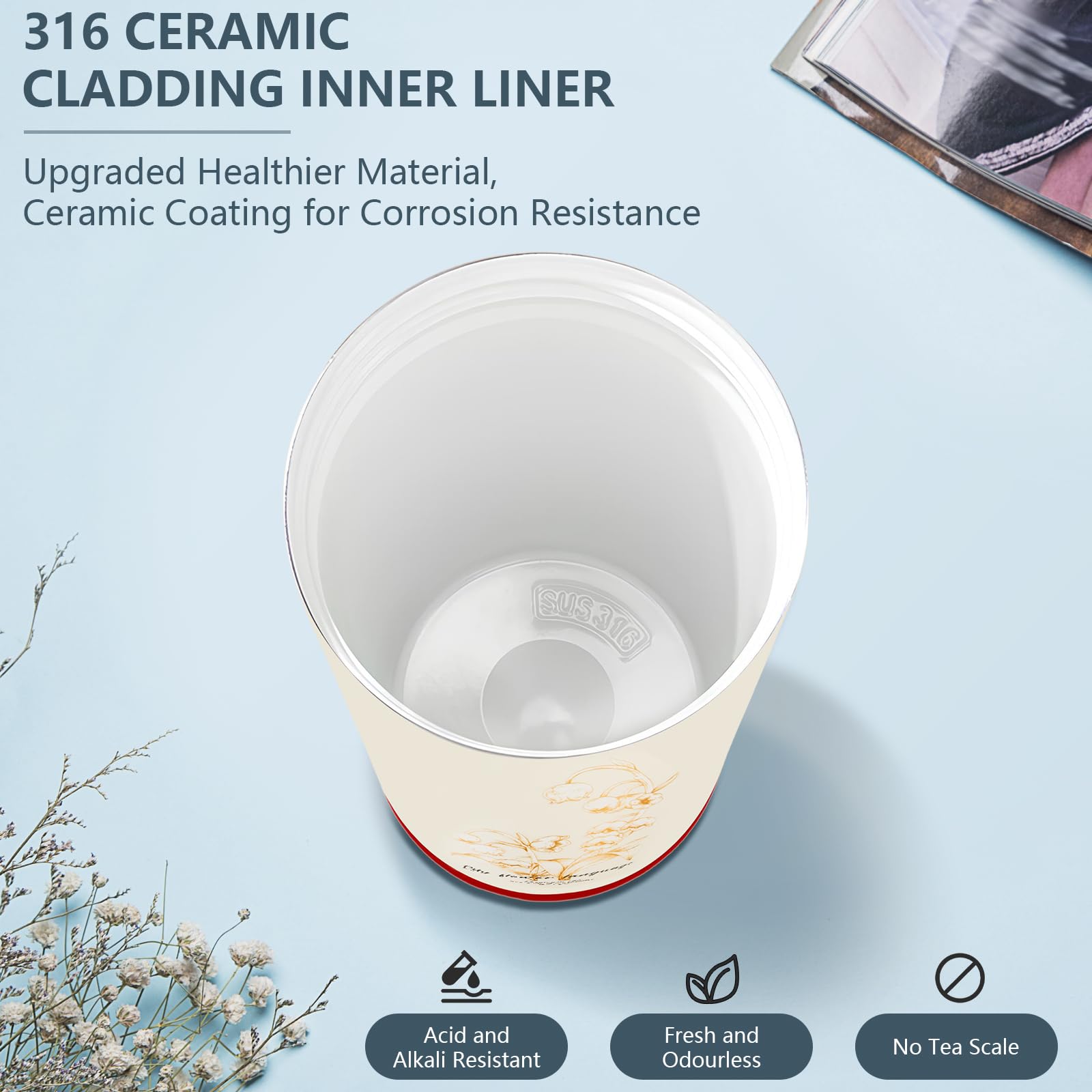 Simcat Coffee Tumblers 316 Ceramic-Lined Insulated Stainless Steel Travel Coffee Mug Leak Proof 17oz Coffee Tumblers with Lid and Straw for Keep Hot/Ice Coffee,Tea (Red)
