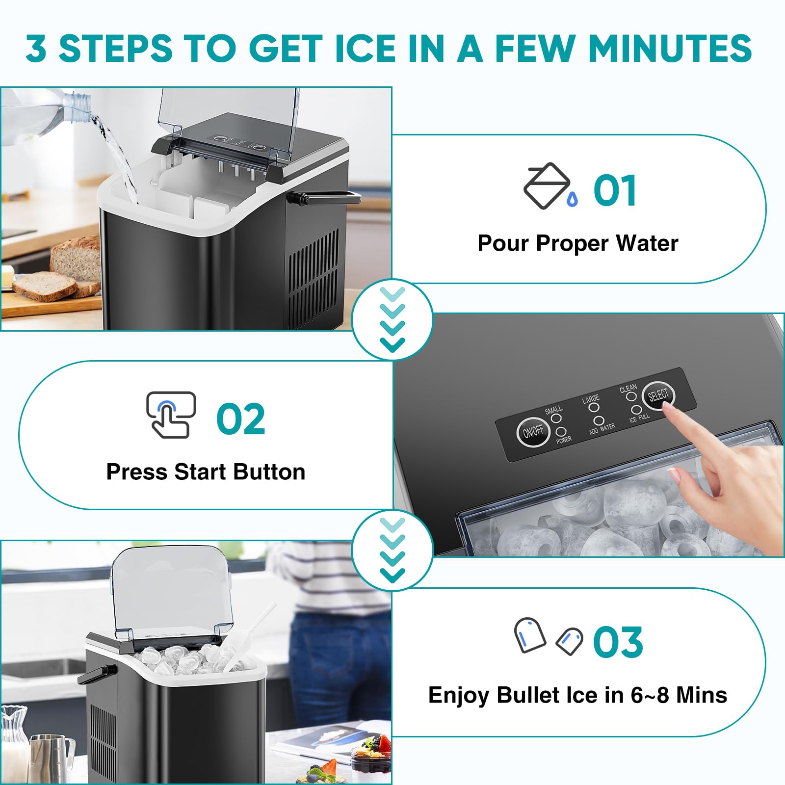 Sweetcrispy Countertop Ice Maker with Scoop, Basket and Handle, 9 Ice Cubes Machine Ready in 6 Mins, 26.5lbs in 24Hrs, 2 Sizes for Home Kitchen Office Bar Party(Black)