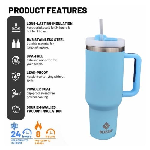 Bexsem - Stainless Steel Insulated Beer Coffee Mug Powder Coated 40oz | Tumblers with Handle | Travel-Friendly (Blue)