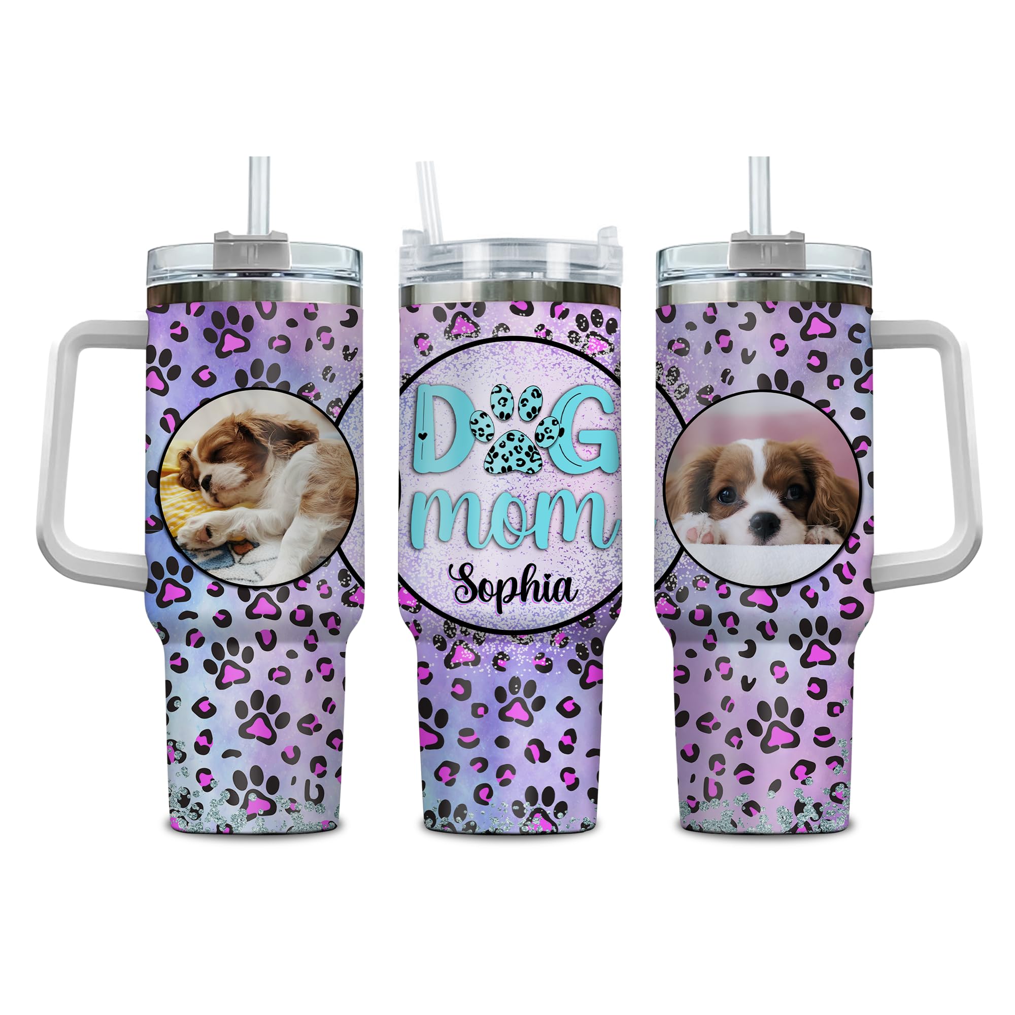 Hyturtle Personalized Picture Dog Mom 40oz Tumbler with Handle and Straw Gifts for Dog Lovers, Cute Birthday Mother's Day Cup Gifts For Women, Dog Themed Gift Idea Stainless Steel Travel Cup With Lid