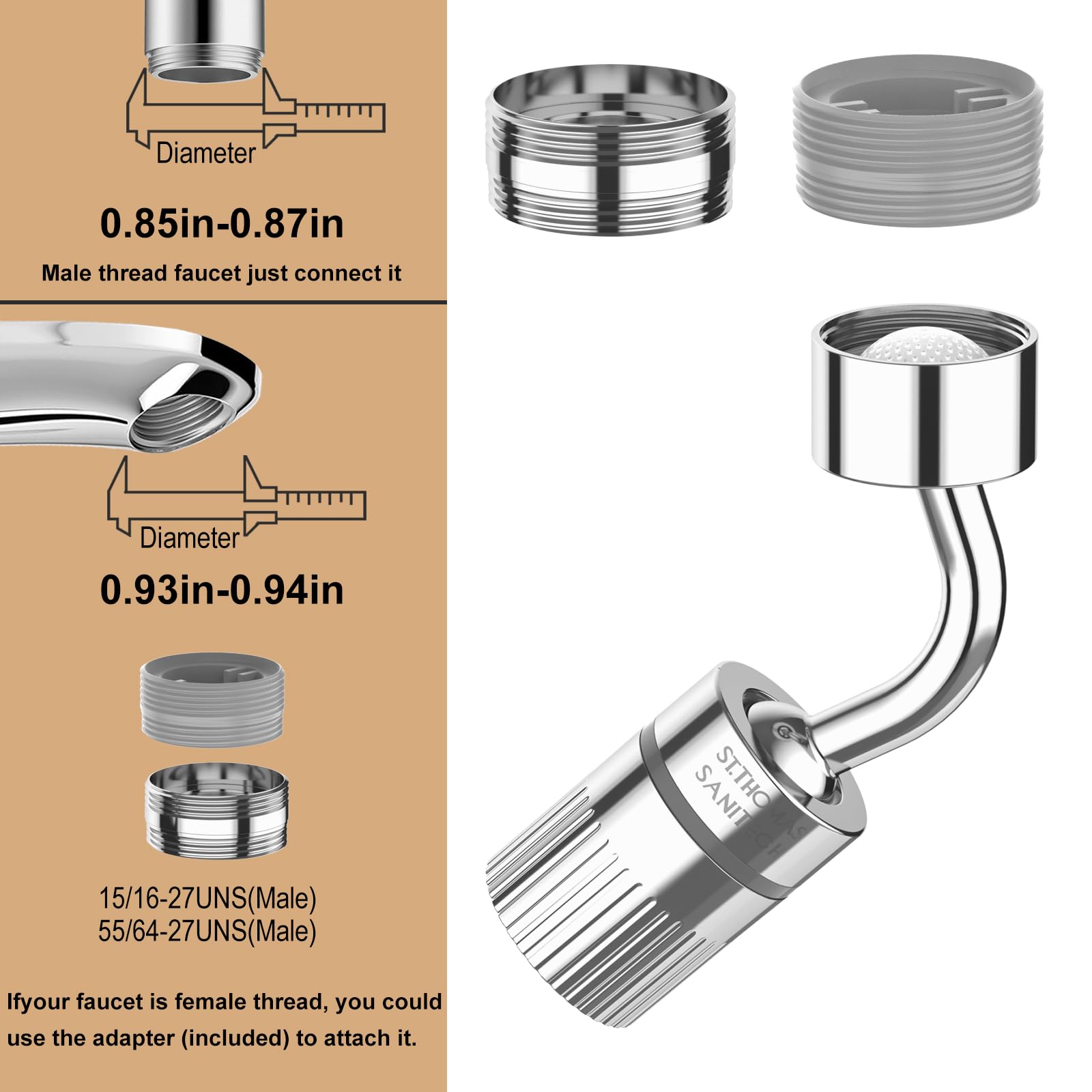 ST.THOMAS Swivel Faucet Aerator,2-function Faucet Nozzle,360° Big Angle Rotate kitchen faucet head replacement,Faucet Extender for Kitchen 55/64 inch Female Thread,Kitchen Sink Aerator