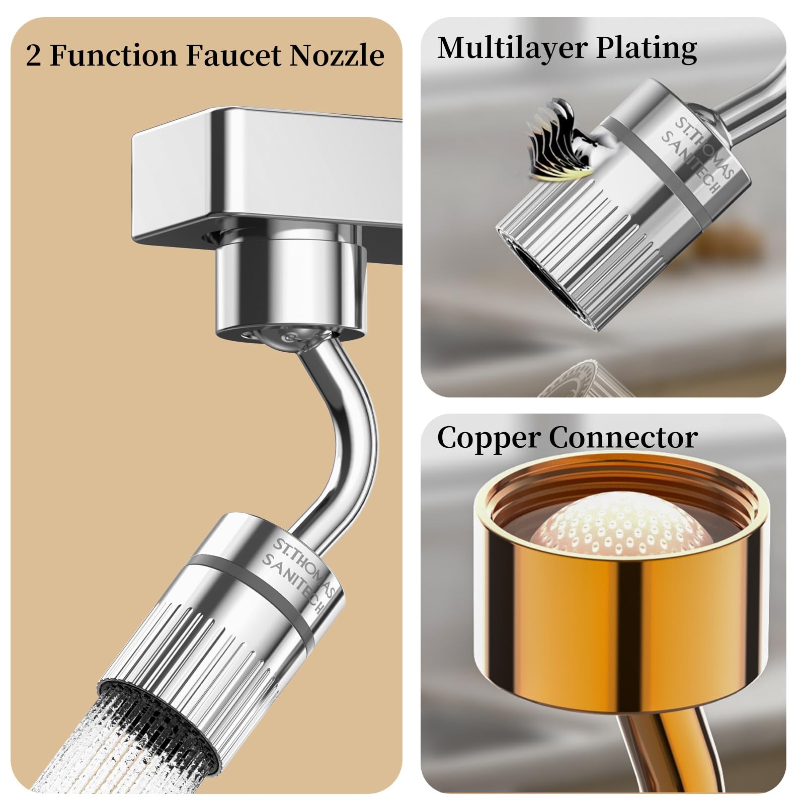 ST.THOMAS Swivel Faucet Aerator,2-function Faucet Nozzle,360° Big Angle Rotate kitchen faucet head replacement,Faucet Extender for Kitchen 55/64 inch Female Thread,Kitchen Sink Aerator