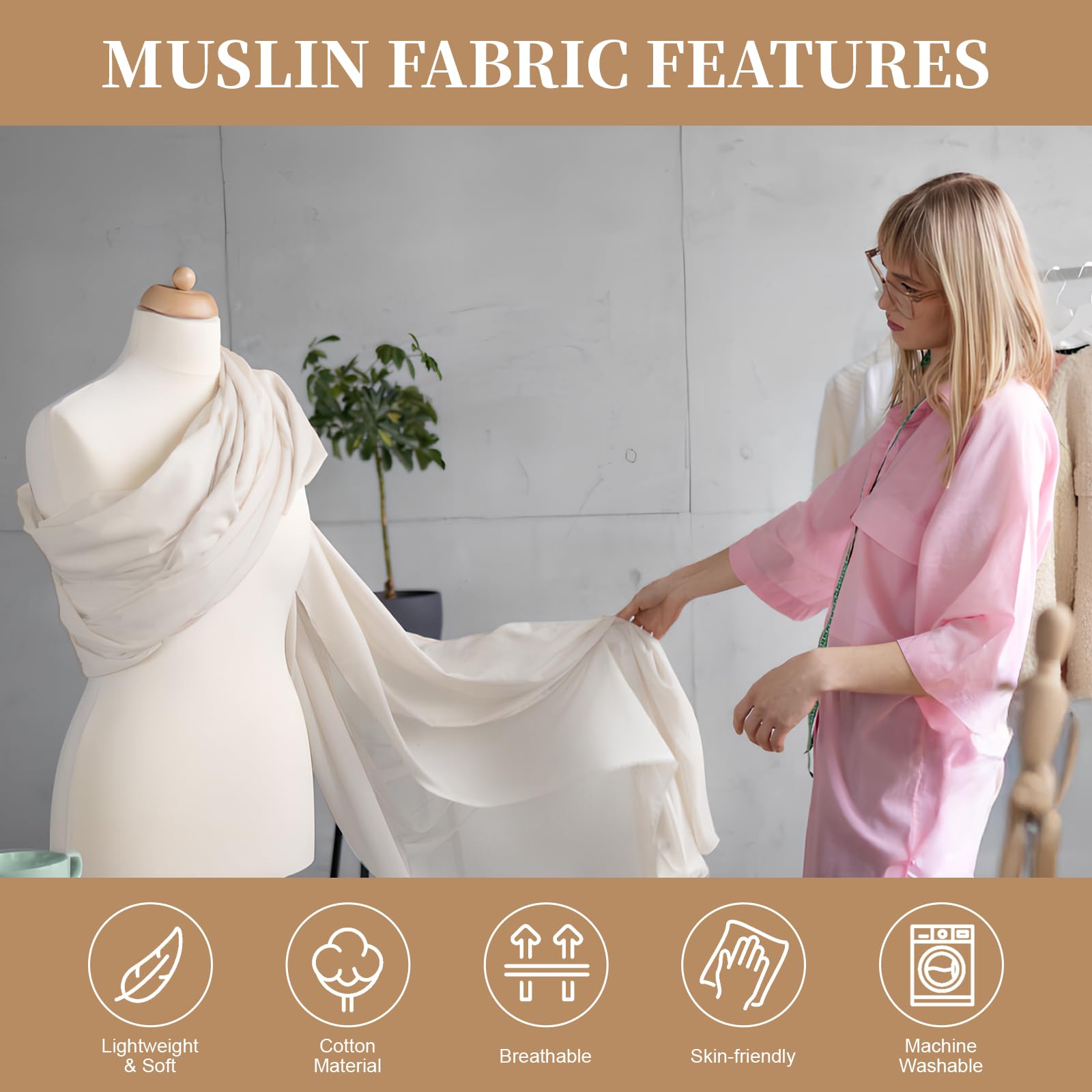 PEASUG 100% Cotton Muslin Fabric, 63 Inch X 2 Yards Unbleached Muslin Linen Fabric by The Yard, Medium Weight Draping Fabrics Suitable for Sewing Embroidery, Garments, Crafts Material-Natural