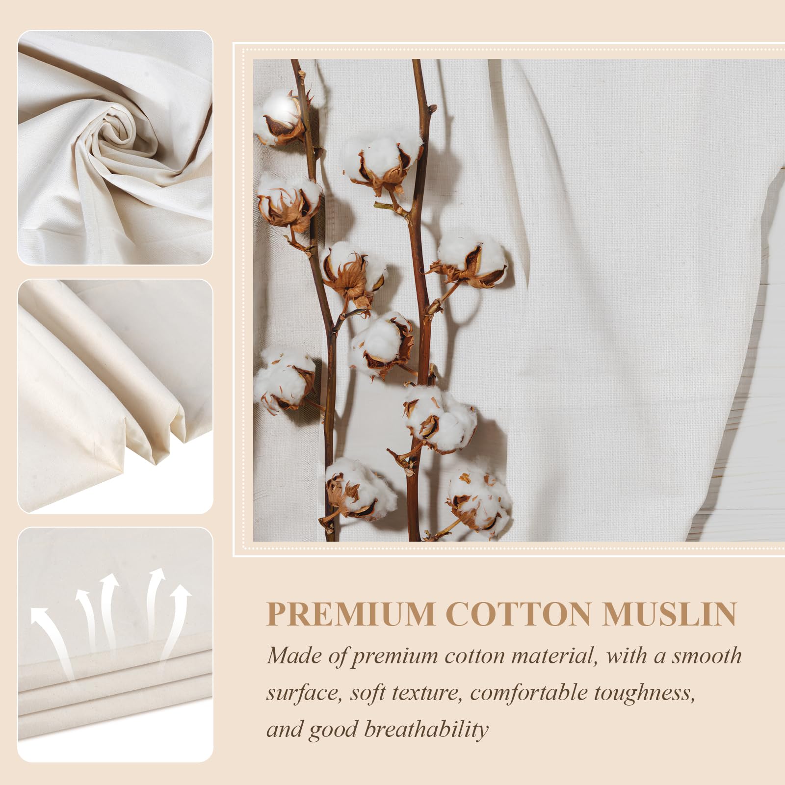 PEASUG 100% Cotton Muslin Fabric, 63 Inch X 2 Yards Unbleached Muslin Linen Fabric by The Yard, Medium Weight Draping Fabrics Suitable for Sewing Embroidery, Garments, Crafts Material-Natural