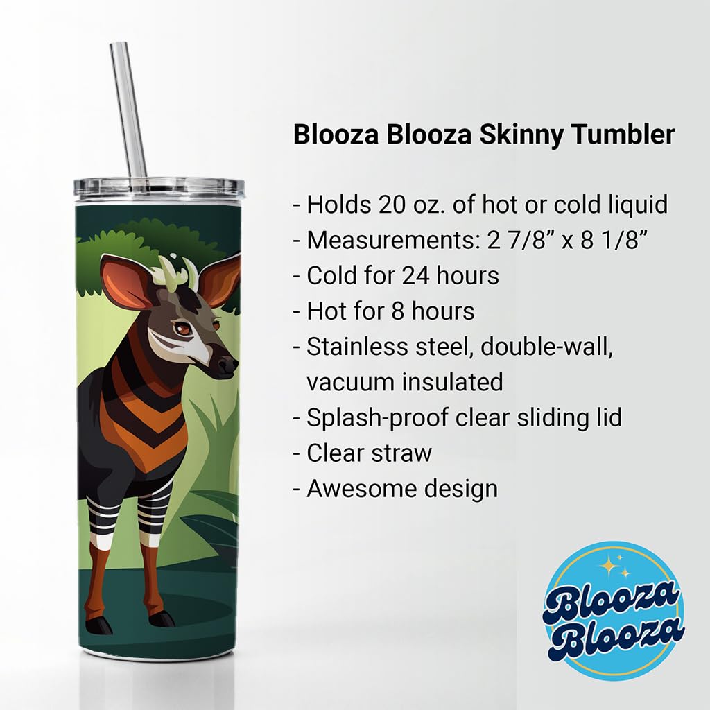 Okapi Forest Zebra Giraffe Skinny Tumbler 20oz with Straw Insulated Water Bottle Gift
