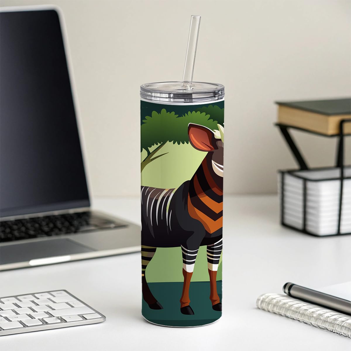 Okapi Forest Zebra Giraffe Skinny Tumbler 20oz with Straw Insulated Water Bottle Gift