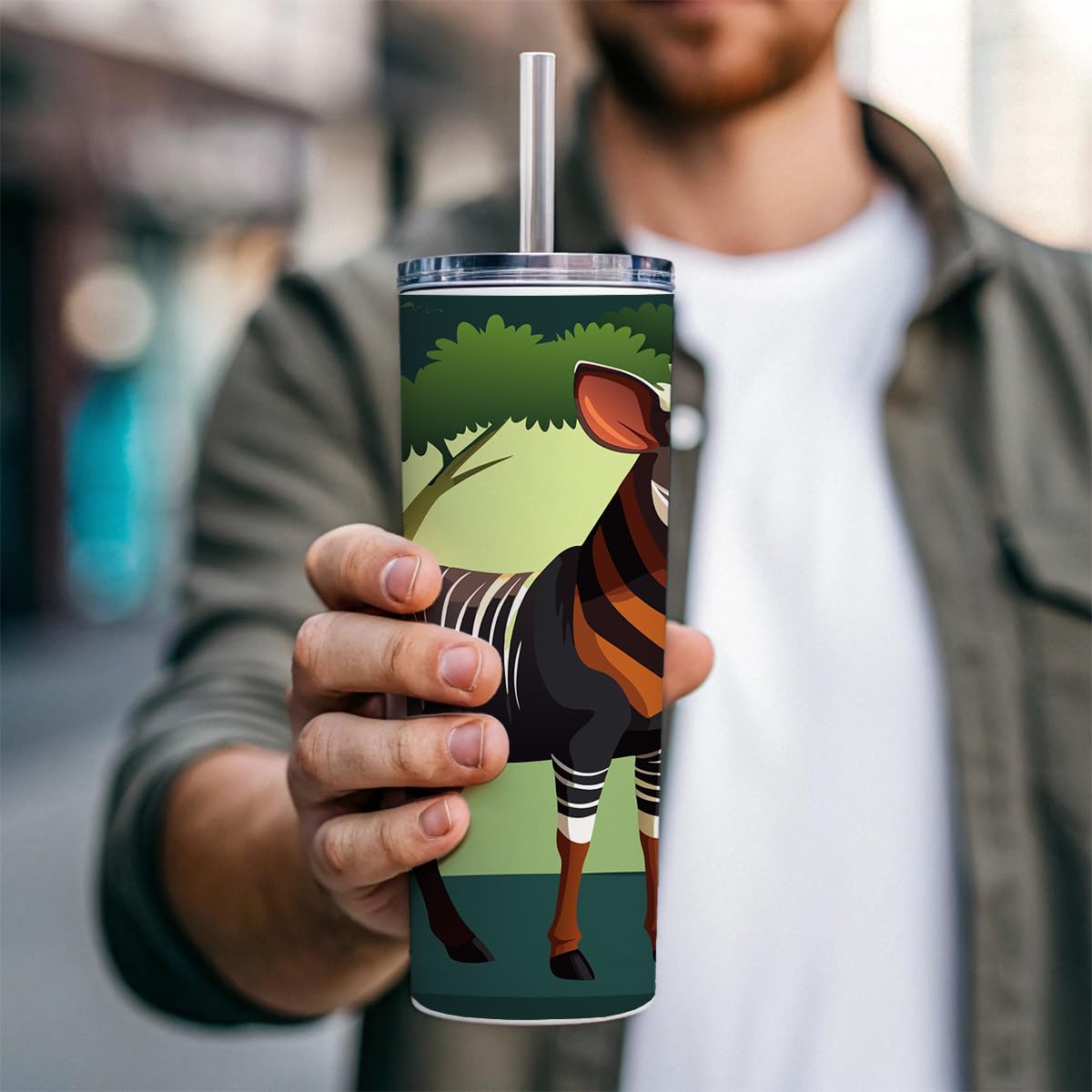 Okapi Forest Zebra Giraffe Skinny Tumbler 20oz with Straw Insulated Water Bottle Gift