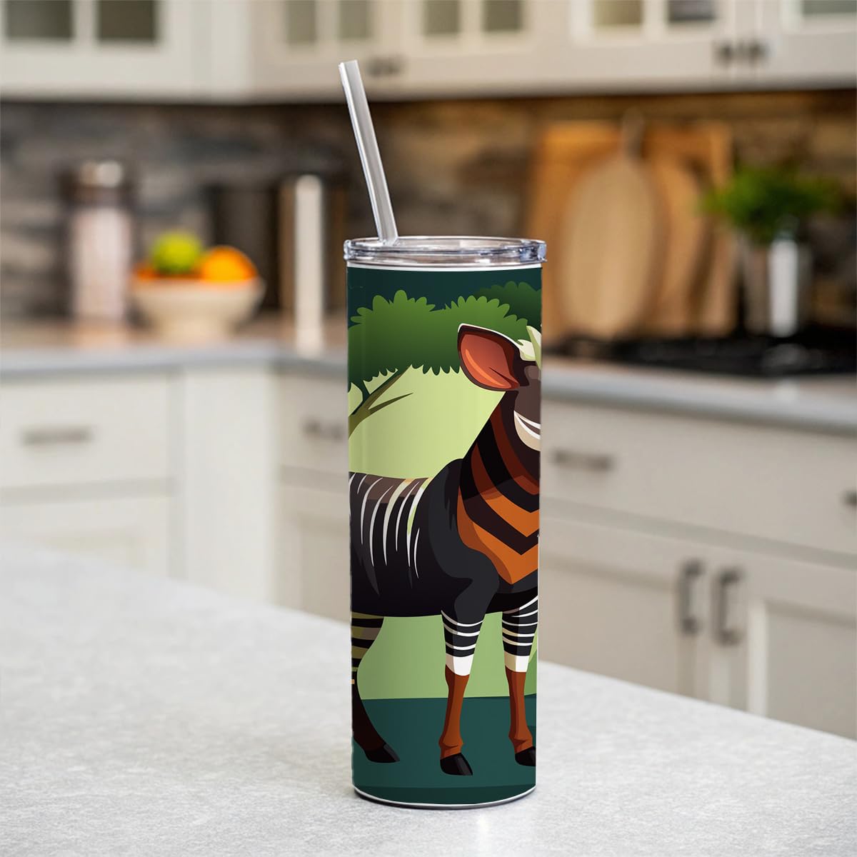 Okapi Forest Zebra Giraffe Skinny Tumbler 20oz with Straw Insulated Water Bottle Gift