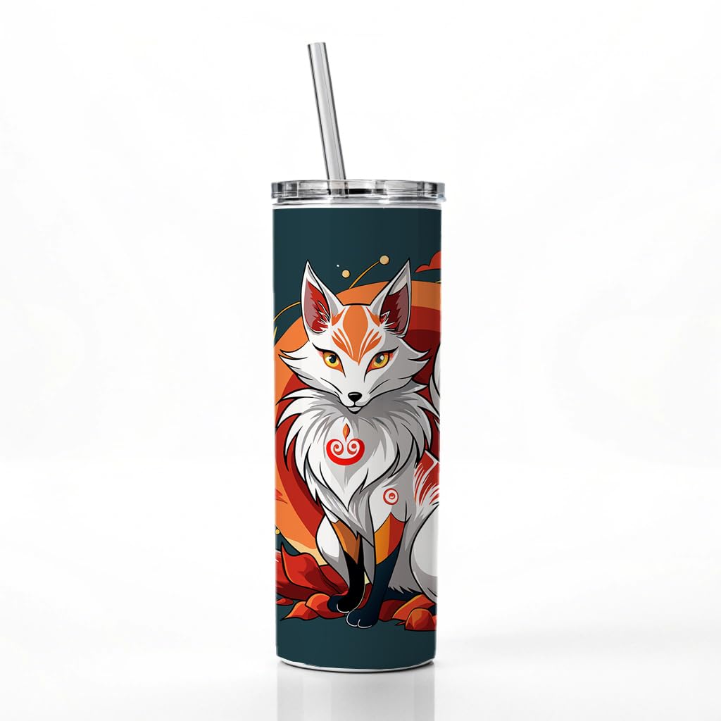 Kitsune Fox Japanese Folklore Skinny Tumbler 20oz with Straw Insulated Water Bottle Gift