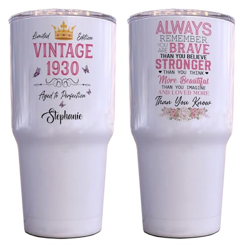 Vintage 1930 Bday Gift For Female, Perfection Aged Cheers To 95 Years, 95th Bday Edition Limited Vacuum Insulated Stainless Steel Tumbler 30oz Customizable Name