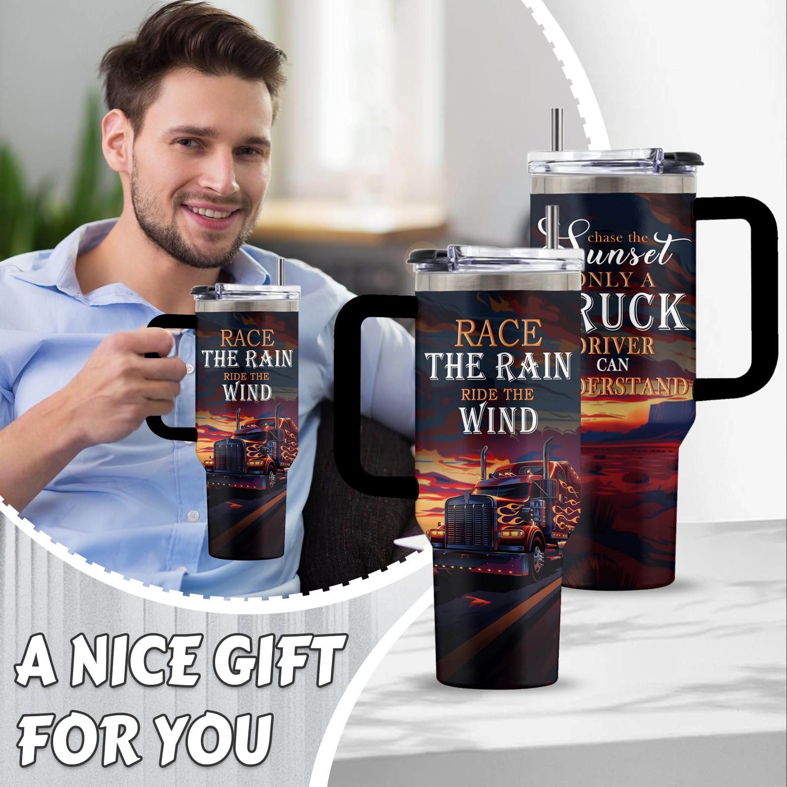 Uibunoo Truck Driver Gifts for Men, Race the Rain Ride the Wind 40 Oz Sunset Truck Tumbler with Handle & Straw, Trucker Gifts, Birthday Presents for Trucker, Stainless Steel Trucker Cup
