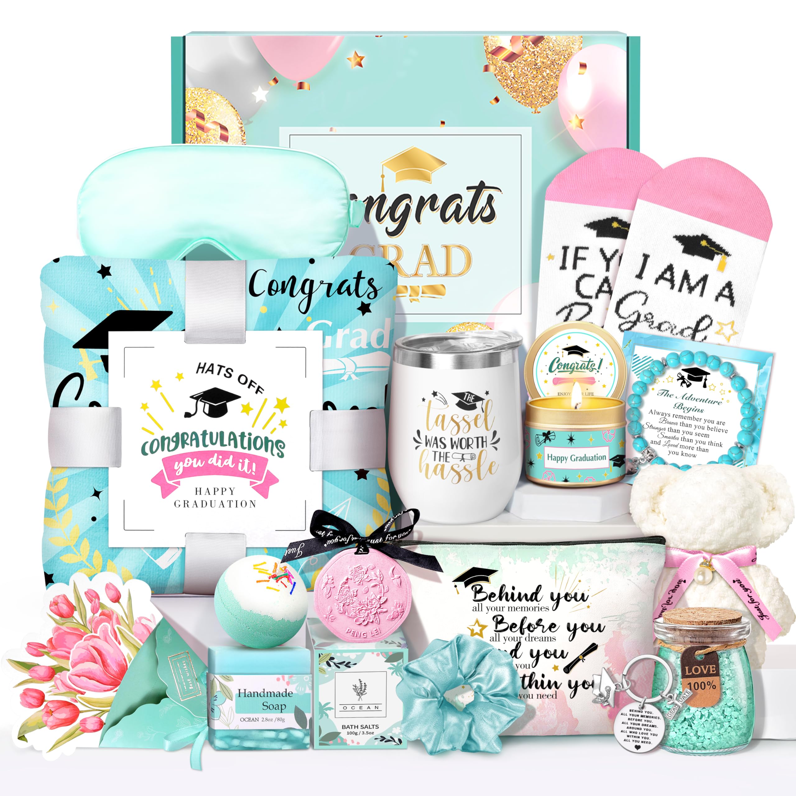 Graduation Gifts for Her 2025, College Graduation Gifts Basket Congratulations Gifts Set for Graduates Daughter Friends Nurse Insulated Tumbler Beach Towel Pouch Bag Candle Socks for Class of 2025