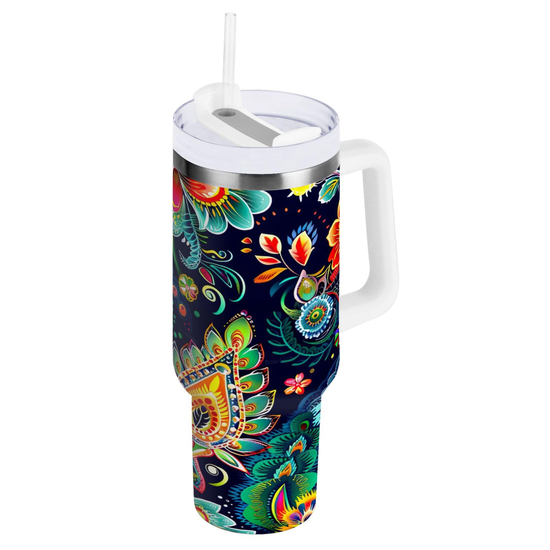 xigua 30 oz Paisley Flower Tumbler with Handle and Straw Lid, Stainless Steel Vacuum Insulated Sports Water Bottle, Keeps Cold or Hot Coffee Cup Travel Mug