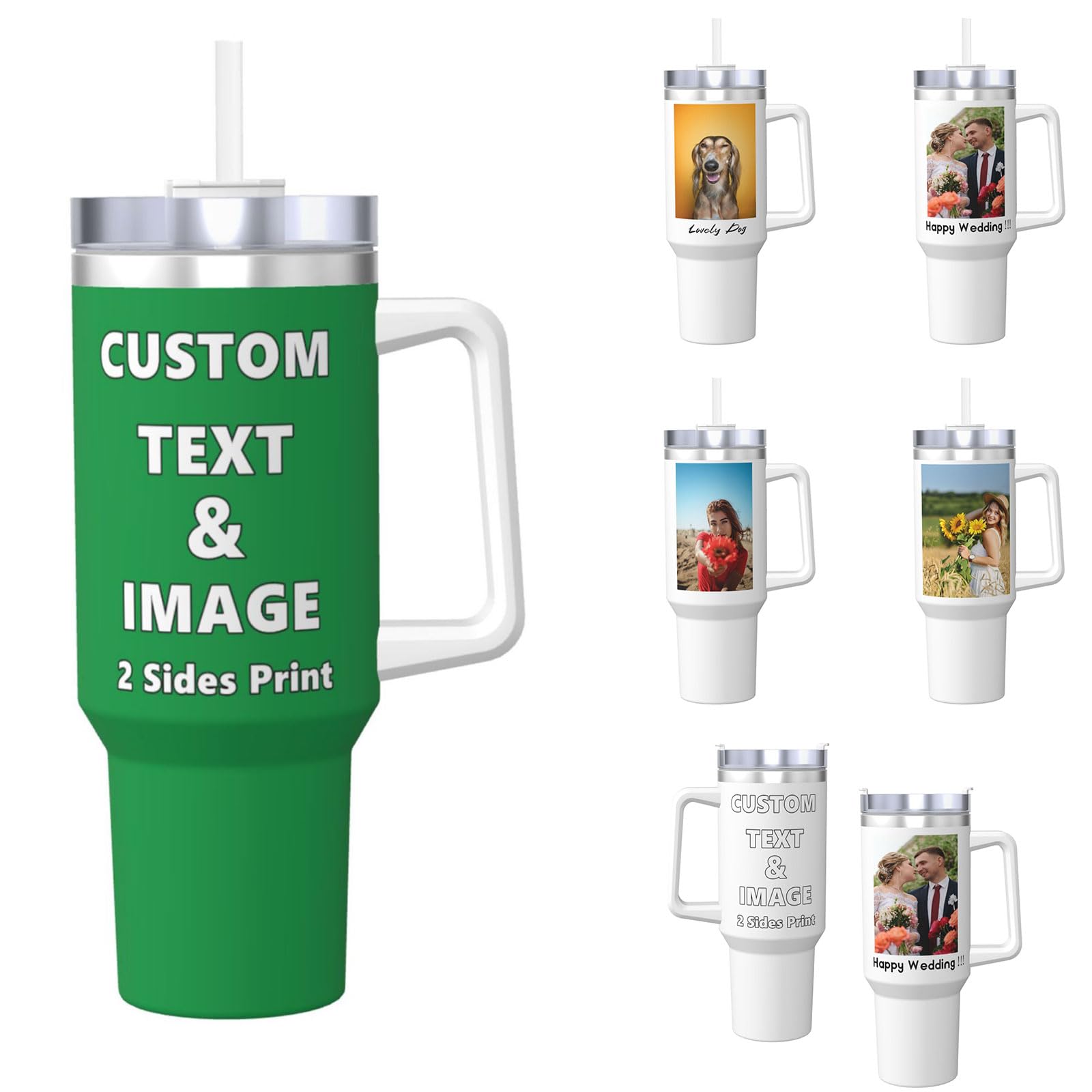 Custom 40oz Tumblers with Handle Personalized with Name Photo Text Logo Travel Cup Customized Christams Fathers Mothers Day Gifts For Mom Dad Friends, Green