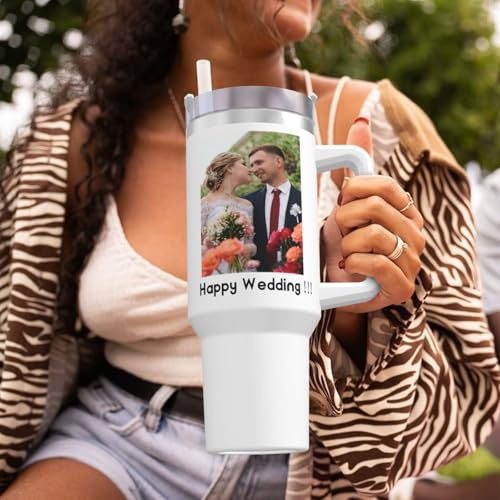 Custom 40oz Tumblers with Handle Personalized with Name Photo Text Logo Travel Cup Customized Christams Fathers Mothers Day Gifts For Mom Dad Friends, Beige