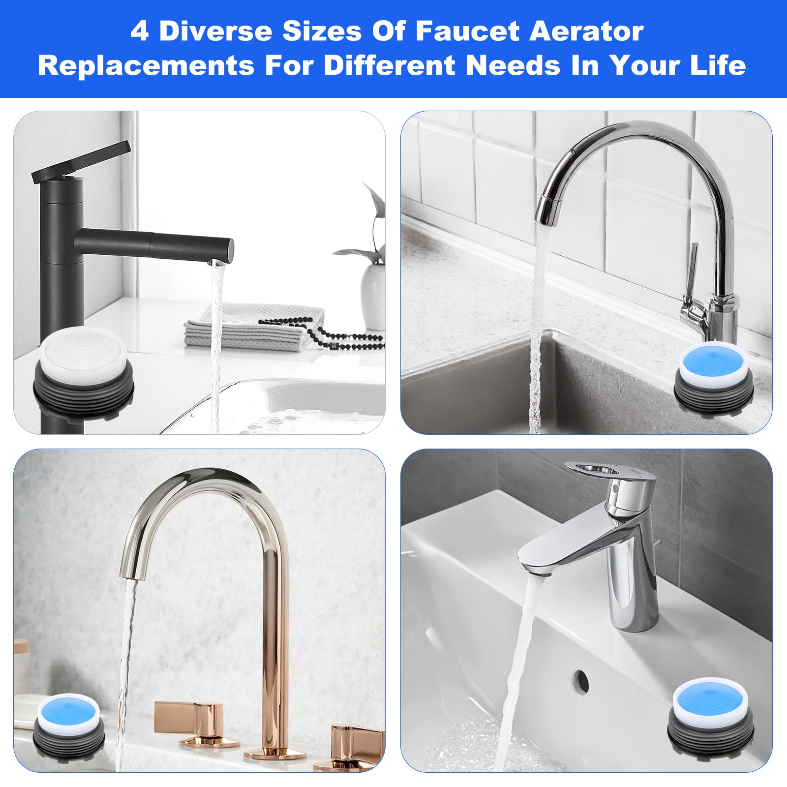 24 PCS Faucet Aerator with 4 PCS Faucet Aerator Key, M16.5 18.5 21.5 24mm Faucet Aerator Removal Tool, ABS Plastic Aerator for Sink Faucet, Faucet Aerator Replacement for Bathroom or Kitchen