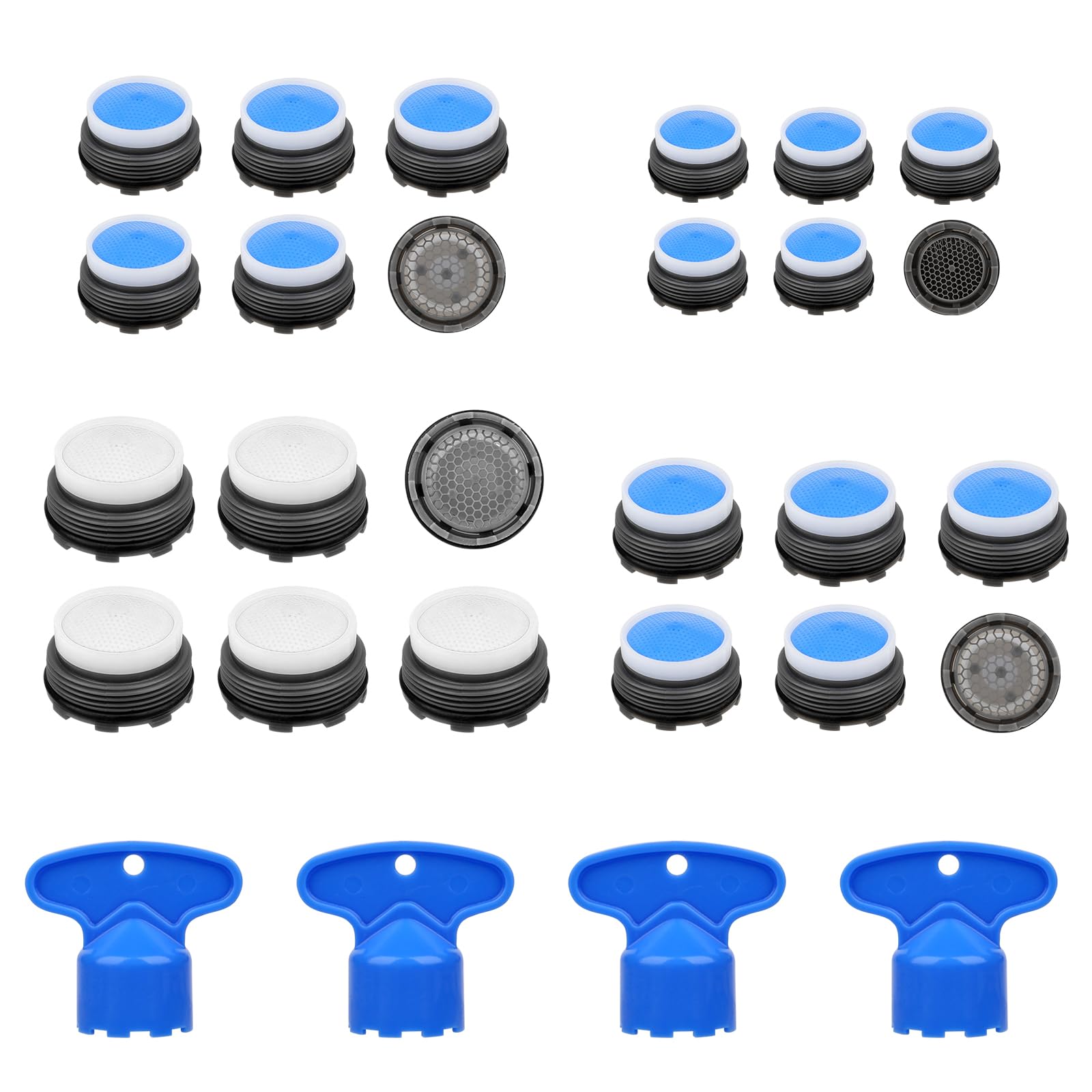 24 PCS Faucet Aerator with 4 PCS Faucet Aerator Key, M16.5 18.5 21.5 24mm Faucet Aerator Removal Tool, ABS Plastic Aerator for Sink Faucet, Faucet Aerator Replacement for Bathroom or Kitchen