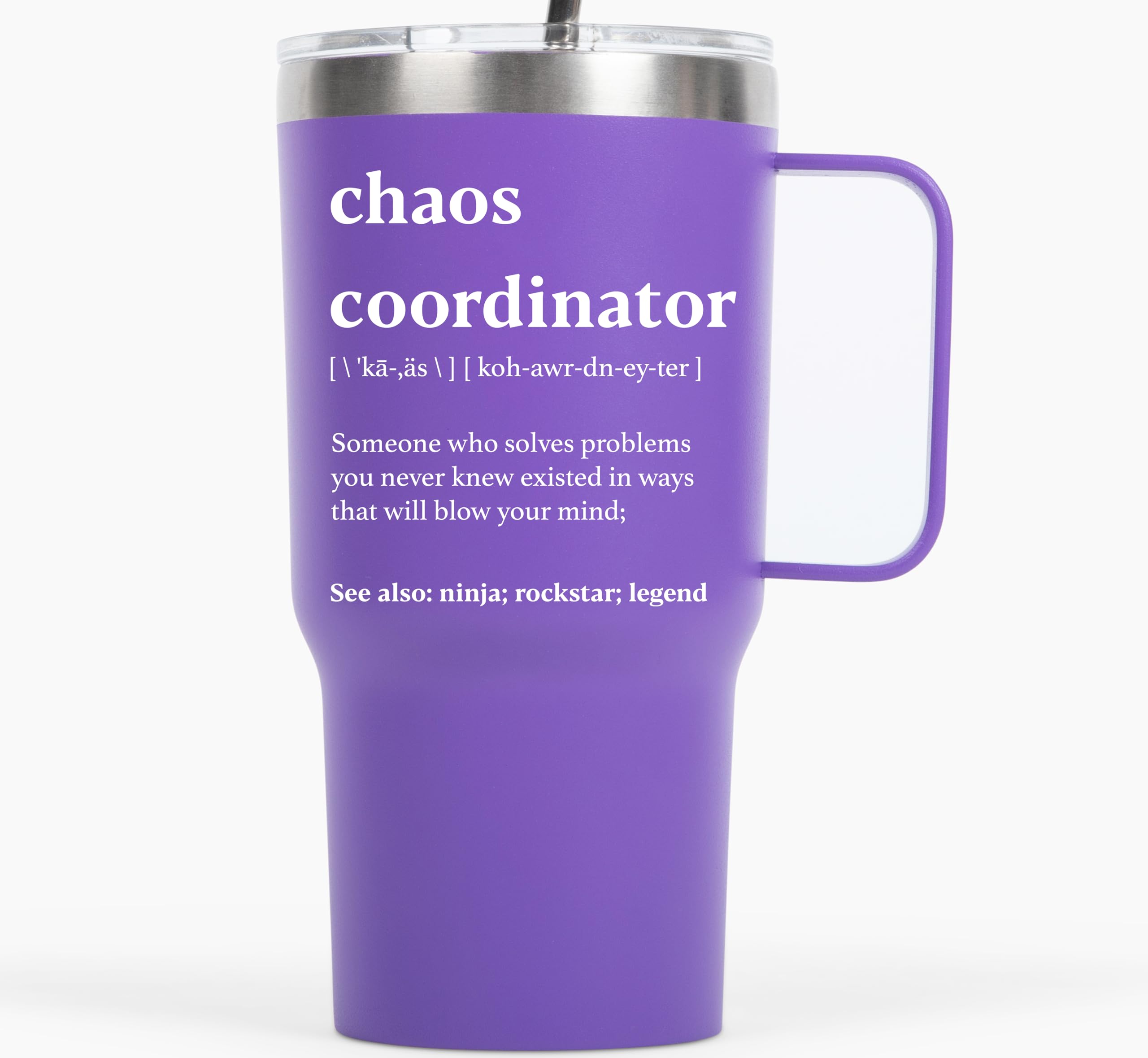 Chaos Coordinator Gifts for Women - Chaos Coordinator Tumbler Mug 20oz with Handle Purple Gifts for Women Boss Lady Gifts for Women Teacher Appreciation Gifts Baskets for Women Nurse Manager Gifts