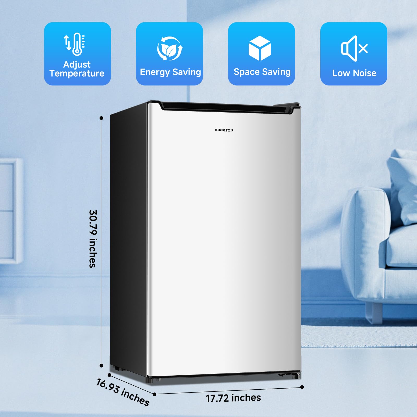BANGSON 2.1 Cu.ft Upright Freezer, Compact Mini Freezer with Reversible Door, Adjustable Thermostat, Removable Shelves, Energy-Saving Small Freezer for Garage/Dorm/Office/Apartment, Silver