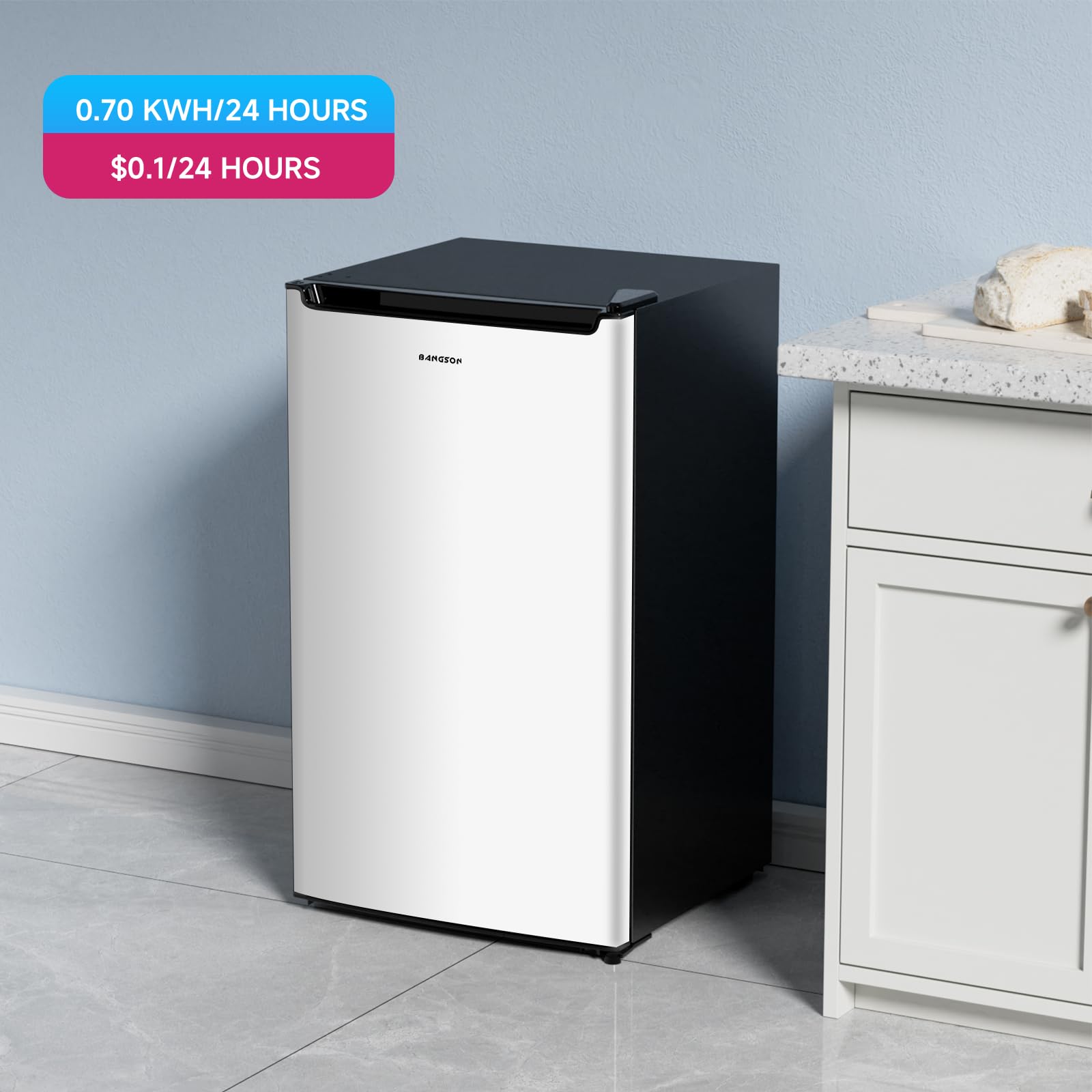 BANGSON 2.1 Cu.ft Upright Freezer, Compact Mini Freezer with Reversible Door, Adjustable Thermostat, Removable Shelves, Energy-Saving Small Freezer for Garage/Dorm/Office/Apartment, Silver