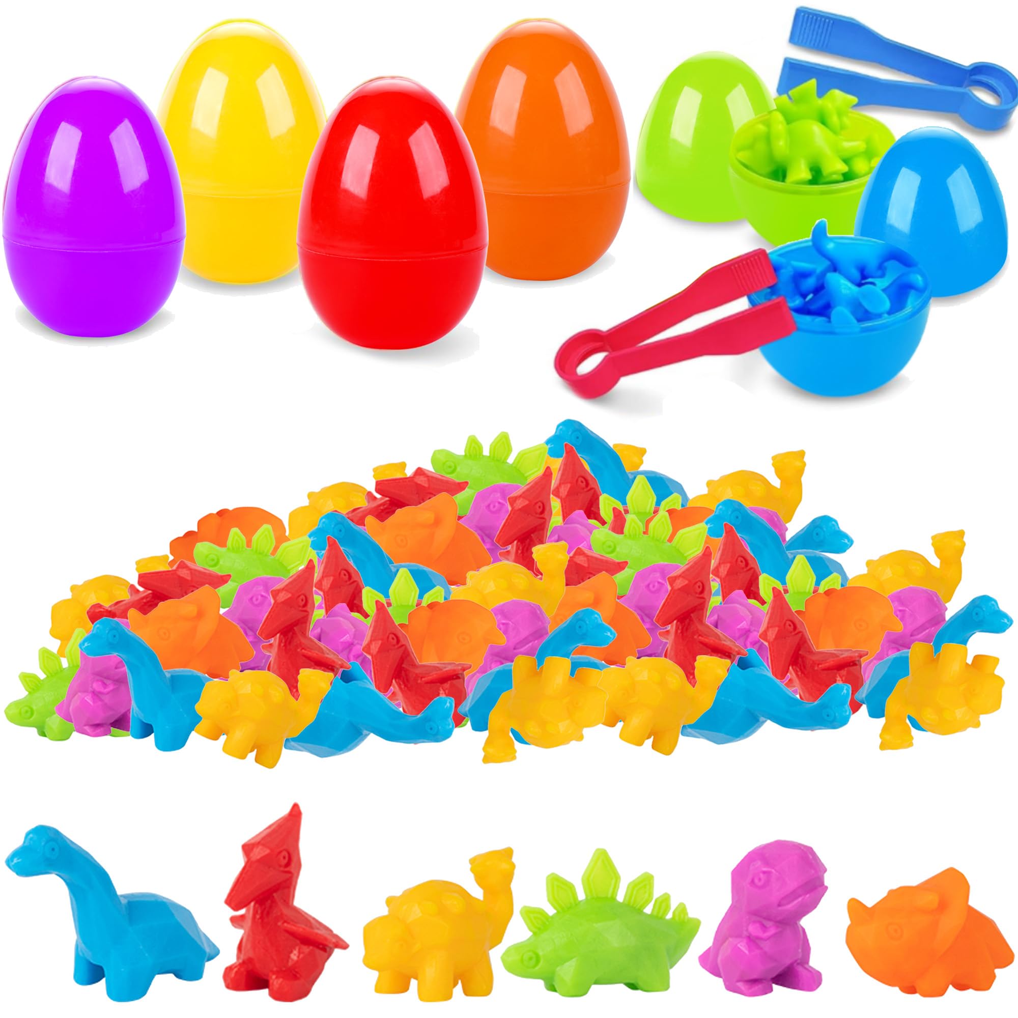 48Pcs Easter Eggs Prefilled Plastic Easter Eggs with Counting Dinosaurs Toys Inside Filled, Toddler Preschool Learning Activities Toys for Kids Easter Basket Stuffers Egg Fillers Gifts (Dinosaur)