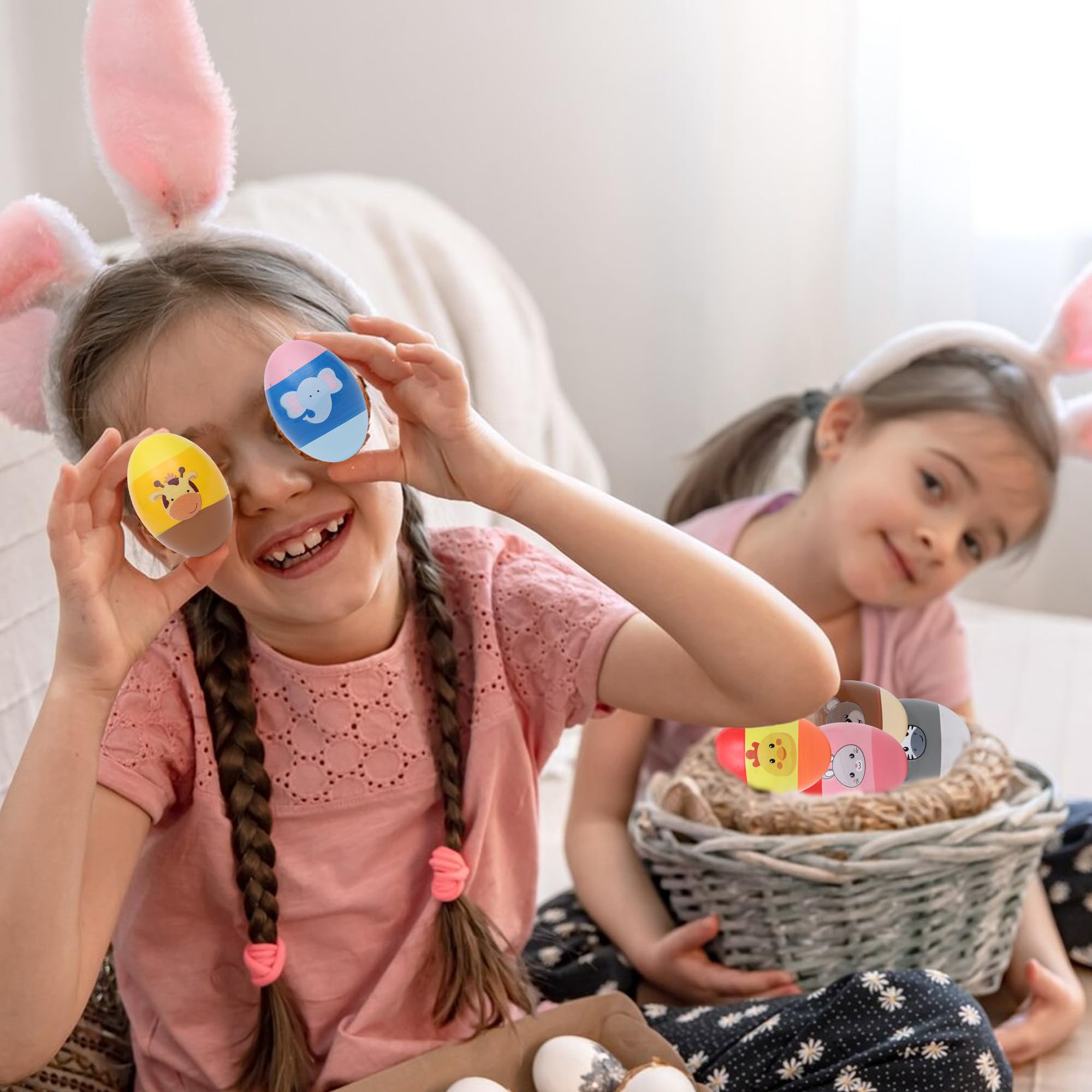 6Pack Easter Wooden Percussion Musical Shake Eggs for Toddler Kids Boys Girls ,Easter Basket Essentials Easter Basket Stuffers