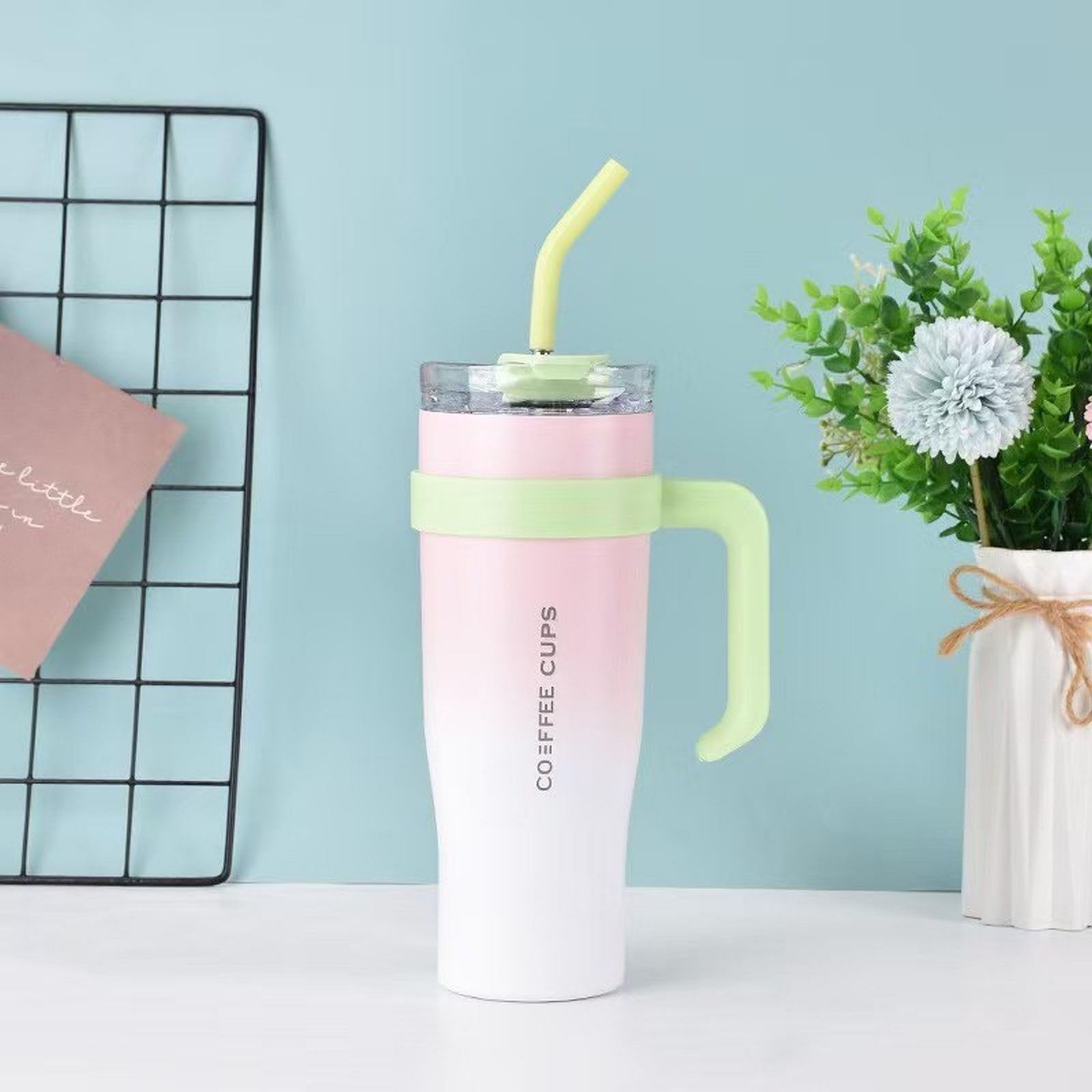 Scizorito 40oz Big Coffee Mug, 304 Stainless Steel Vacuum Insulated Car Cup, 40oz Tumbler with Handle and Straw Lid, Suitable for Father's Day, Mother's Day, Christmas (Pink)