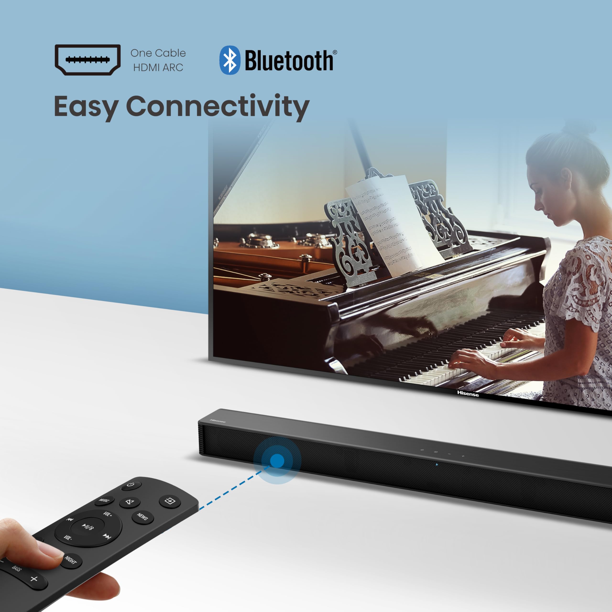 Hisense HS205G 2.0Ch Sound Bar, 120W, DTS Virtual: X, Dolby Audio, HDMI/ARC/Optical/USB, Bluetooth, Roku TV Ready, Black (HS205G, 2024 Model) (Renewed)