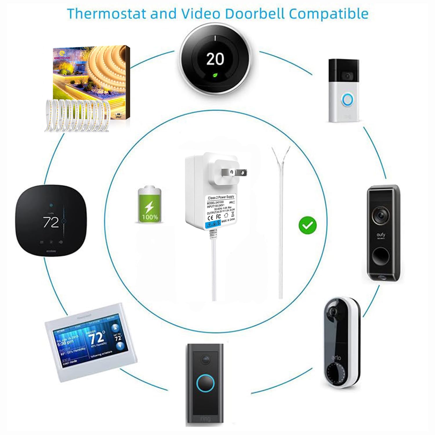 24V c Wire Adapter for Smart Thermostat - 26.2ft Long nest Power Connector,Ring doorbell Power Adapter Fits Ring, Nest Hello, Wyze, Eufy Video Doorbells and Ecobee,Sensi,Nest,Honeywell Thermostat