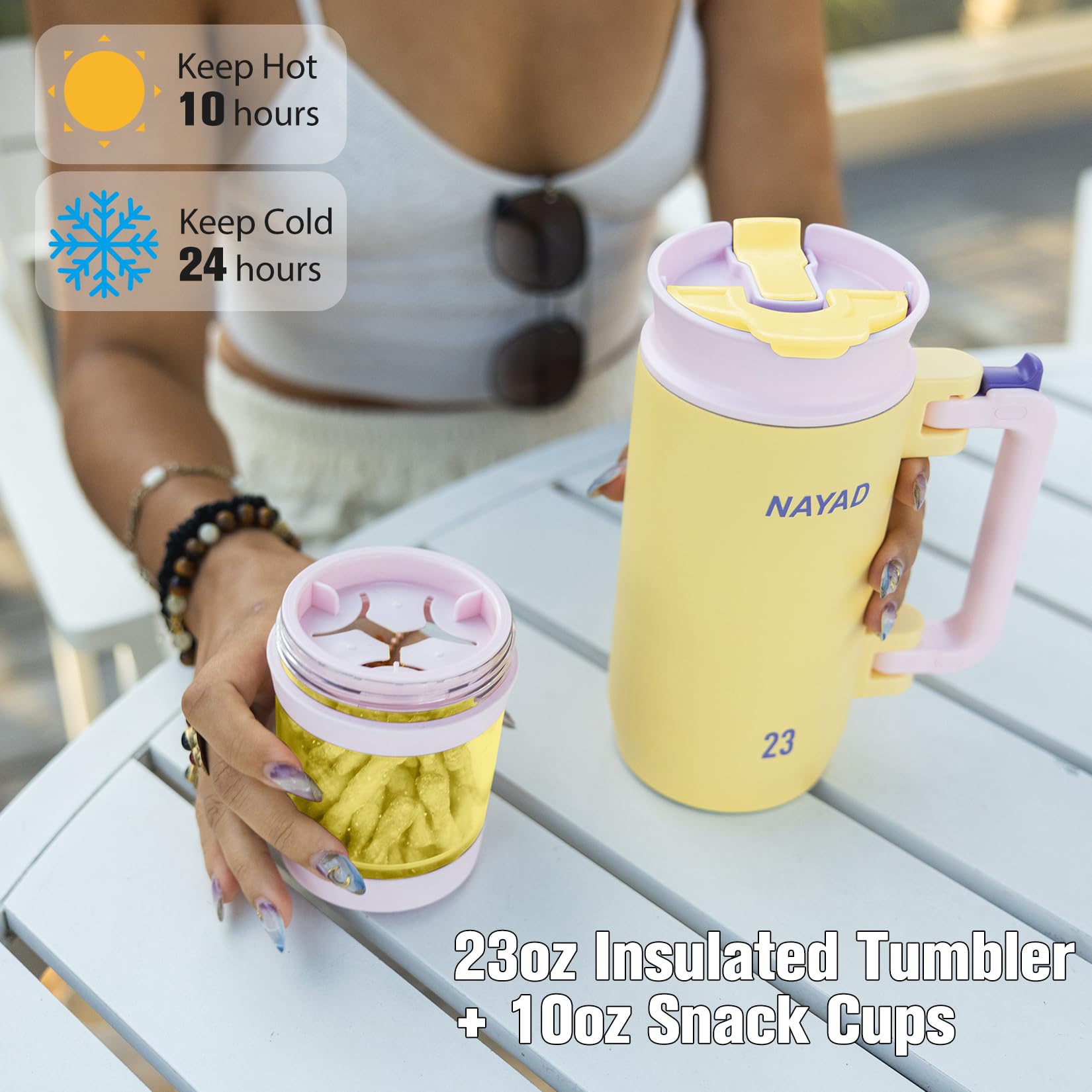 NAYAD22 oz Kids Tumbler with Handle and Straw & 10oz Snack Container - Insulated Kids Water Bottle with Foldable Handle, Dual Lids(Leakproof Flip +Silicone Straw Lid) for Travel, Gym& Daily Use