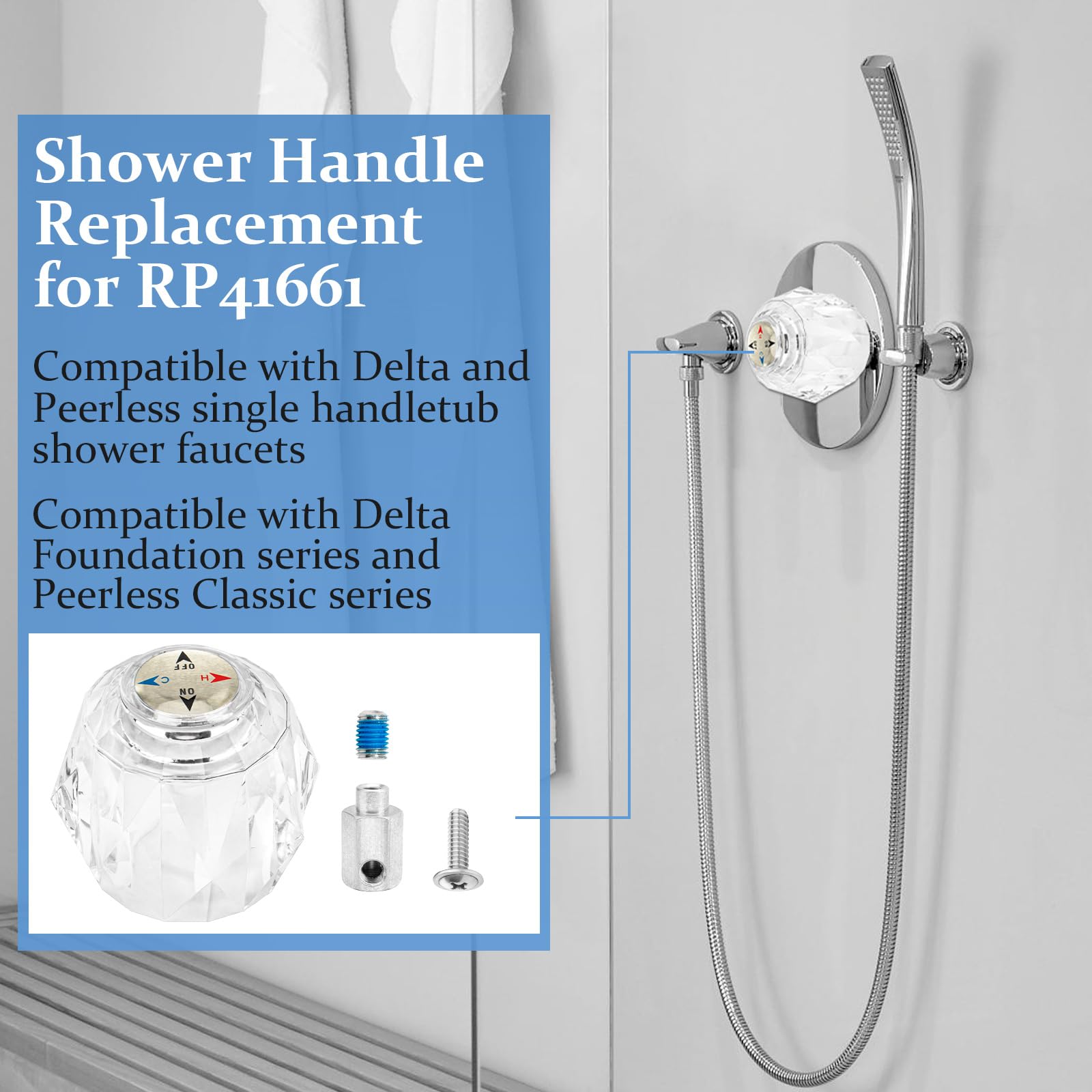 RP41661 Shower Handle Kit Replacement for Delta and Peerless Single Handle Tub Faucets, Clear Acrylic Shower Knob with Button, Screw and Connector