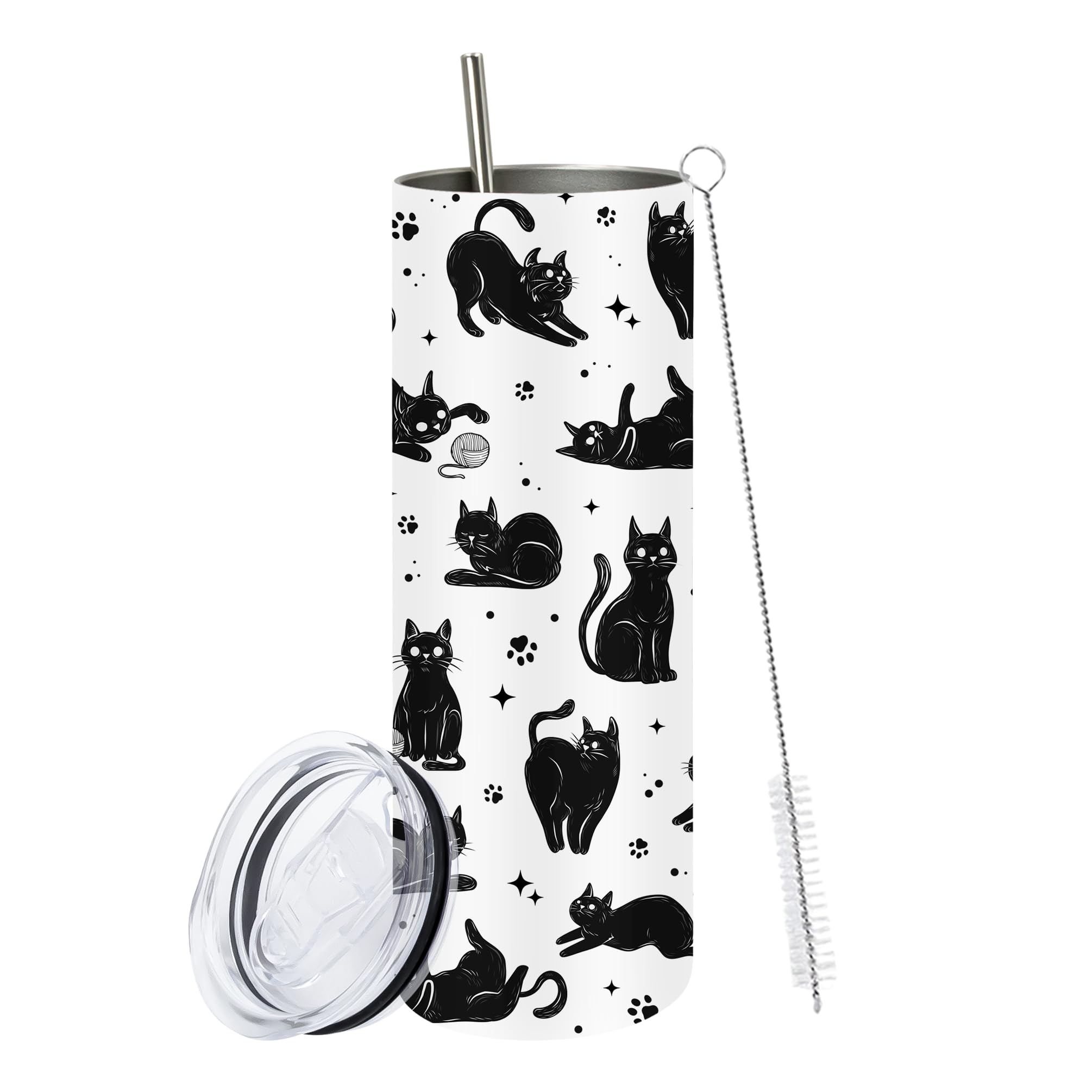 MoYueno Cat Mugs for Cat Lovers, 20oz Slim Black Kitty Tumbler with Lid & Straw & Brush, Kitty Coffee Mugs for Animal Lovers, Animal Gift for Birthday