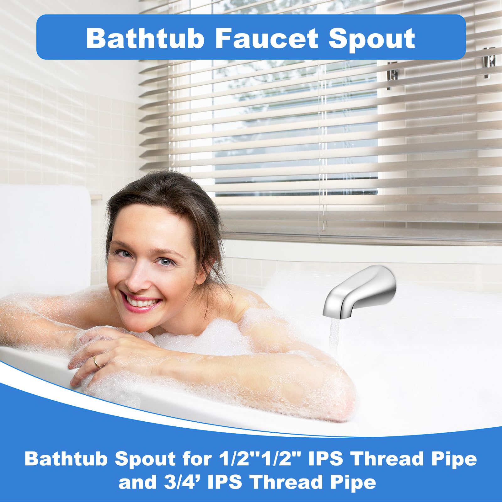 Universal Bath Tub Spout with Adapter, Bathtub Faucet Spout Without Diverter, 5" Length Bathtub Spout for 1/2'', 3/4'' IPS Inside Thread Connection and Tub/Shower Faucet (Chrome)
