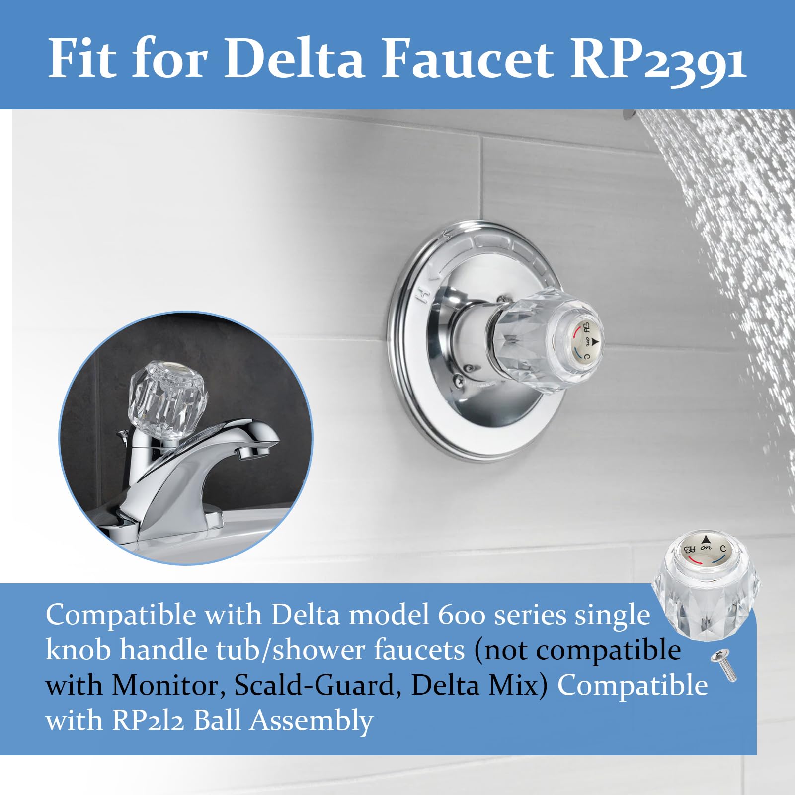 RP2391 Single Shower Knob Replacement for Delta Faucet, Single Clear Knob Handle Kit with Set Screw and Button Fit for Delta 600 Series Tub/Shower Faucet