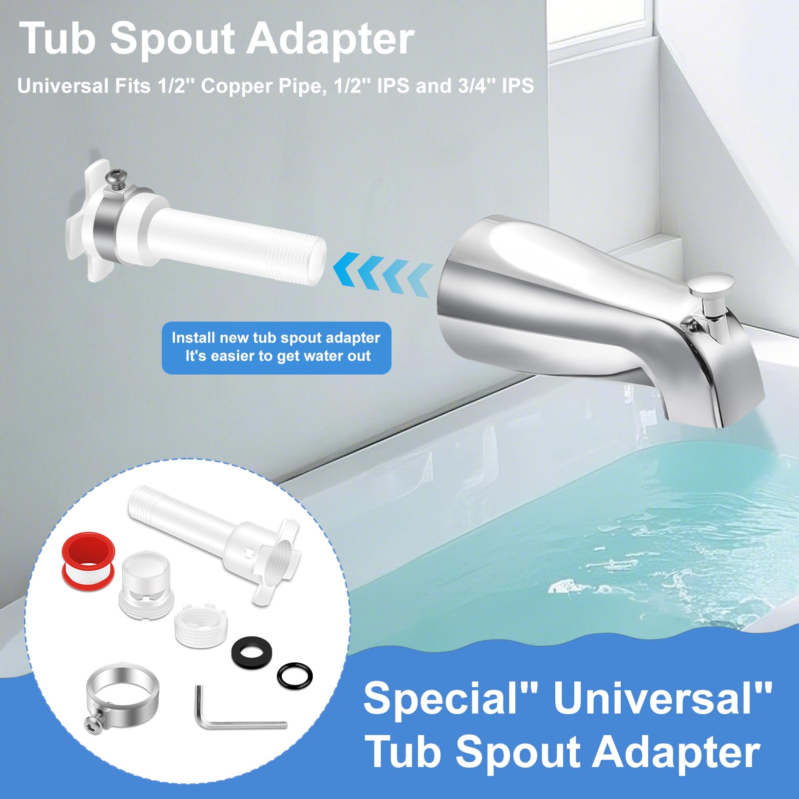 Four in One Tub Spout Adapter, Bathtub Faucet Spout Adapter kit, for Universal 1/2'' Copper Pipe, 1/2'' IPS and 3/4'' IPS, Includes Tub Spout Diverter Repair Kit with Assembly Tool