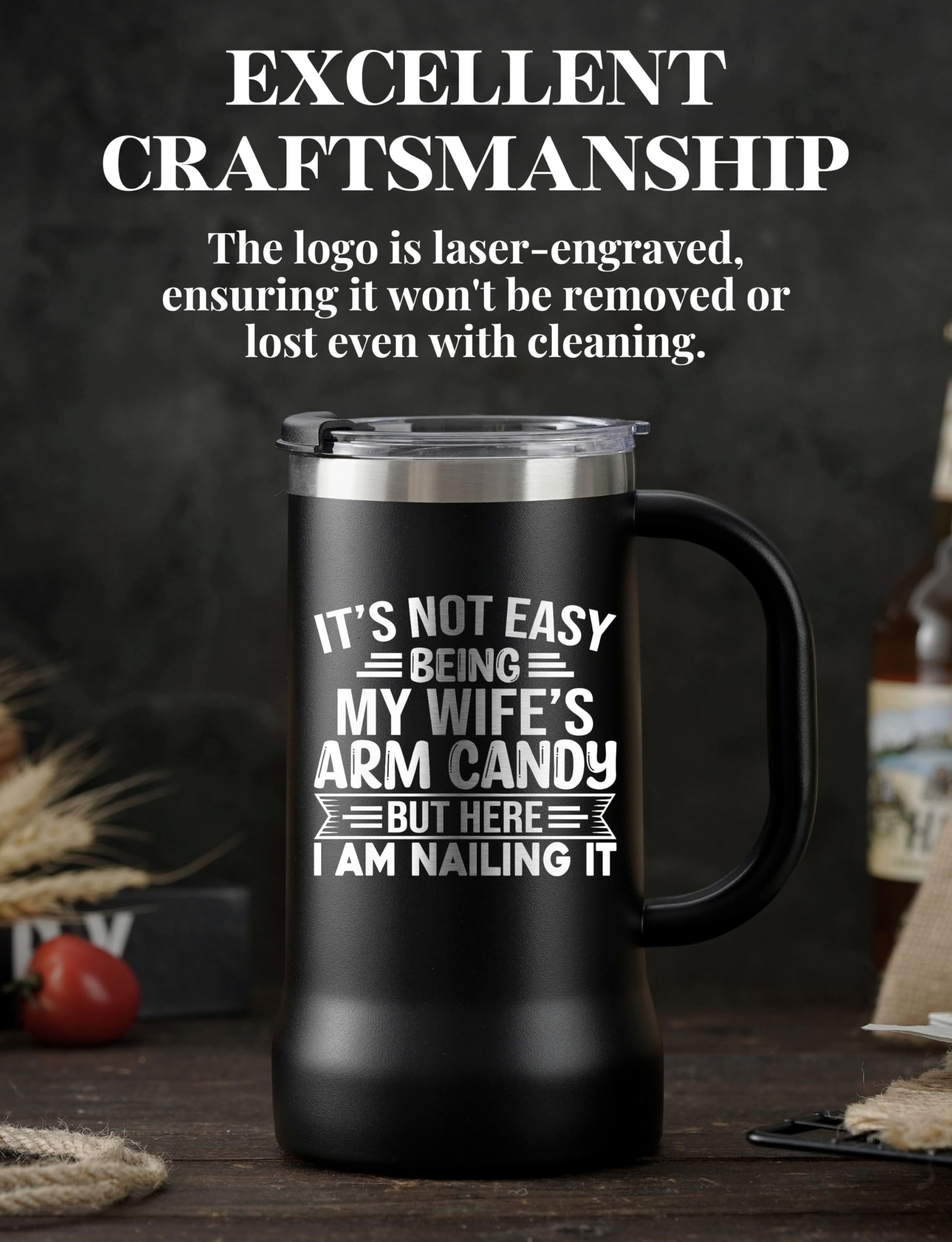 Onebttl Husband Gifts Funny Beer Stein, 24oz Stainless Steel Beer Mug with Lid for Valentine Father's Day, Christmas - Arm Candy