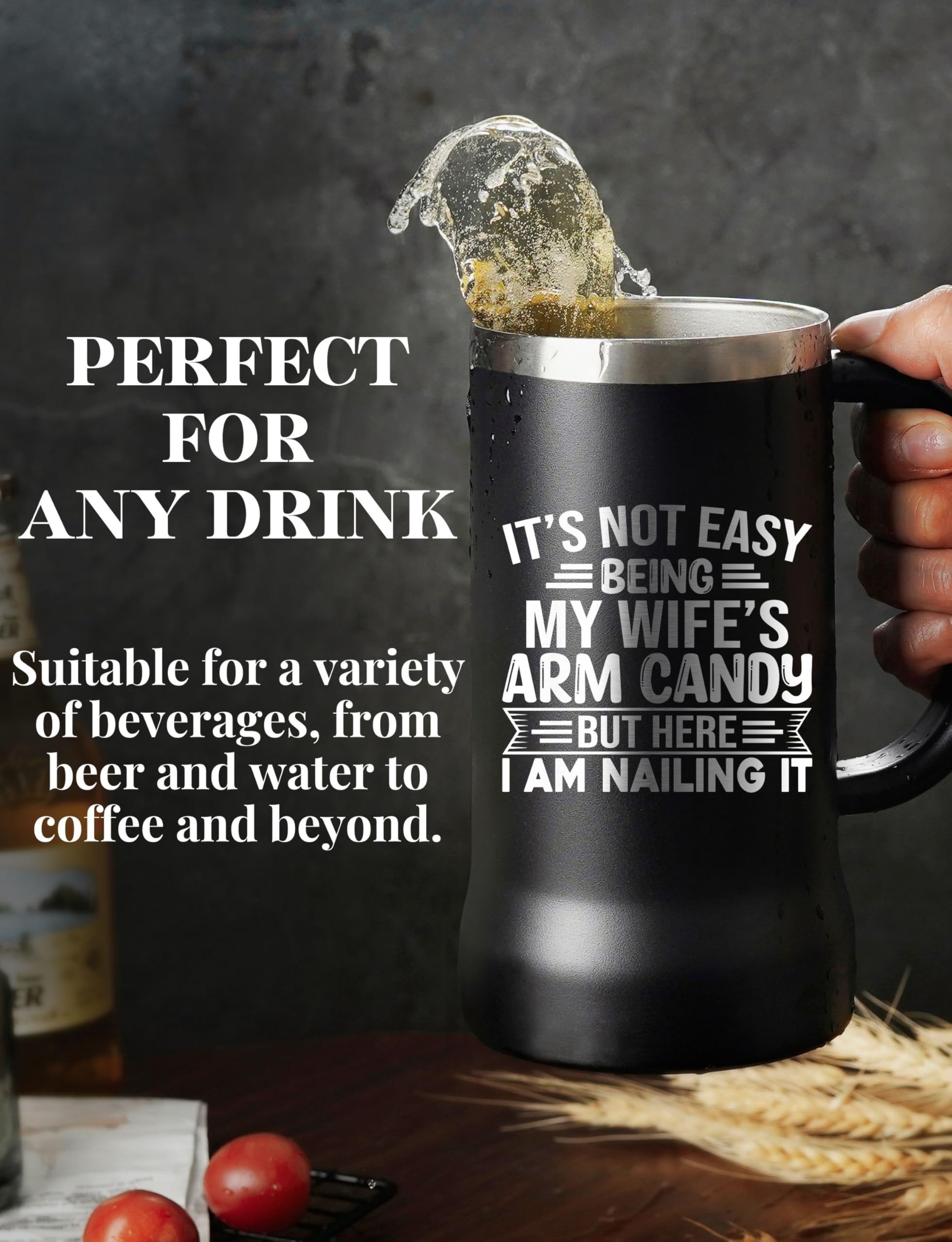 Onebttl Husband Gifts Funny Beer Stein, 24oz Stainless Steel Beer Mug with Lid for Valentine Father's Day, Christmas - Arm Candy