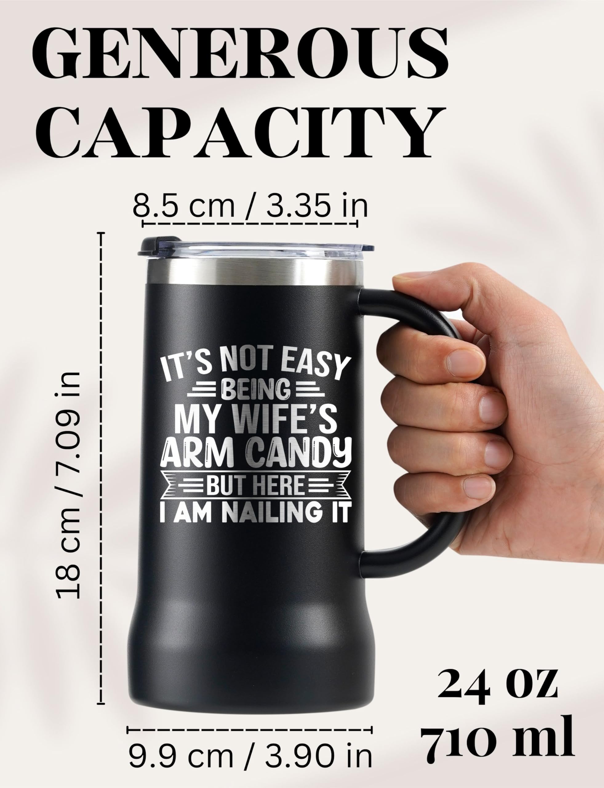 Onebttl Husband Gifts Funny Beer Stein, 24oz Stainless Steel Beer Mug with Lid for Valentine Father's Day, Christmas - Arm Candy