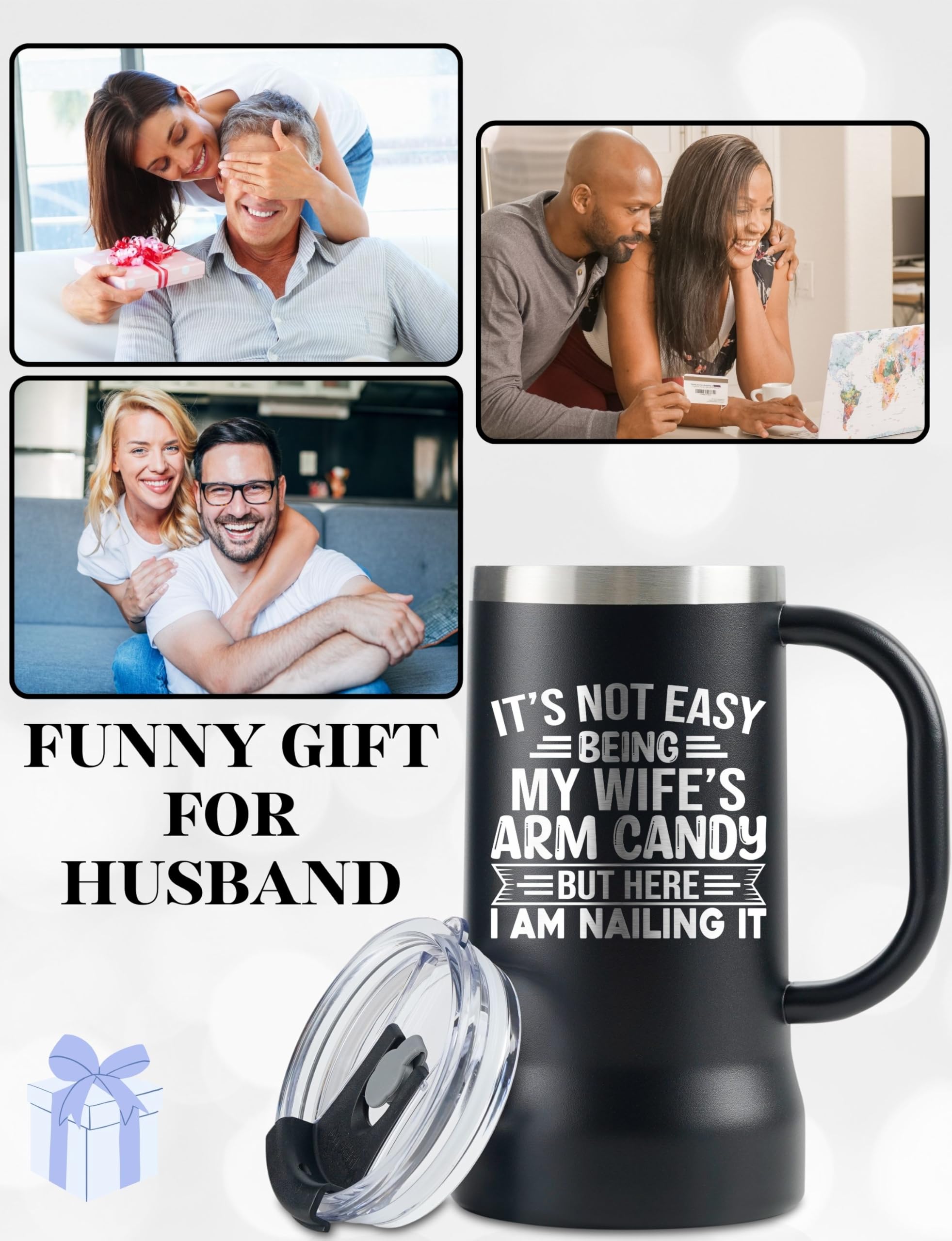 Onebttl Husband Gifts Funny Beer Stein, 24oz Stainless Steel Beer Mug with Lid for Valentine Father's Day, Christmas - Arm Candy