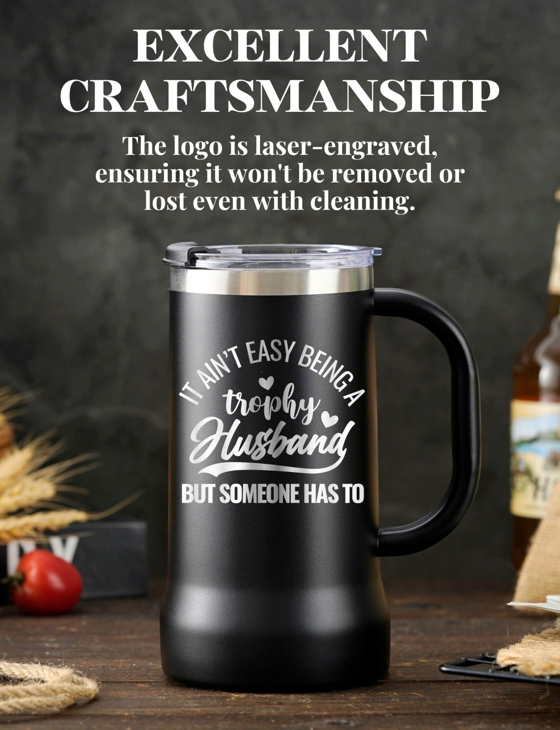 Onebttl Husband Gifts Funny Beer Stein, 24oz Stainless Steel Beer Mug with Lid for Valentine Father's Day, Christmas - Trophy Husband