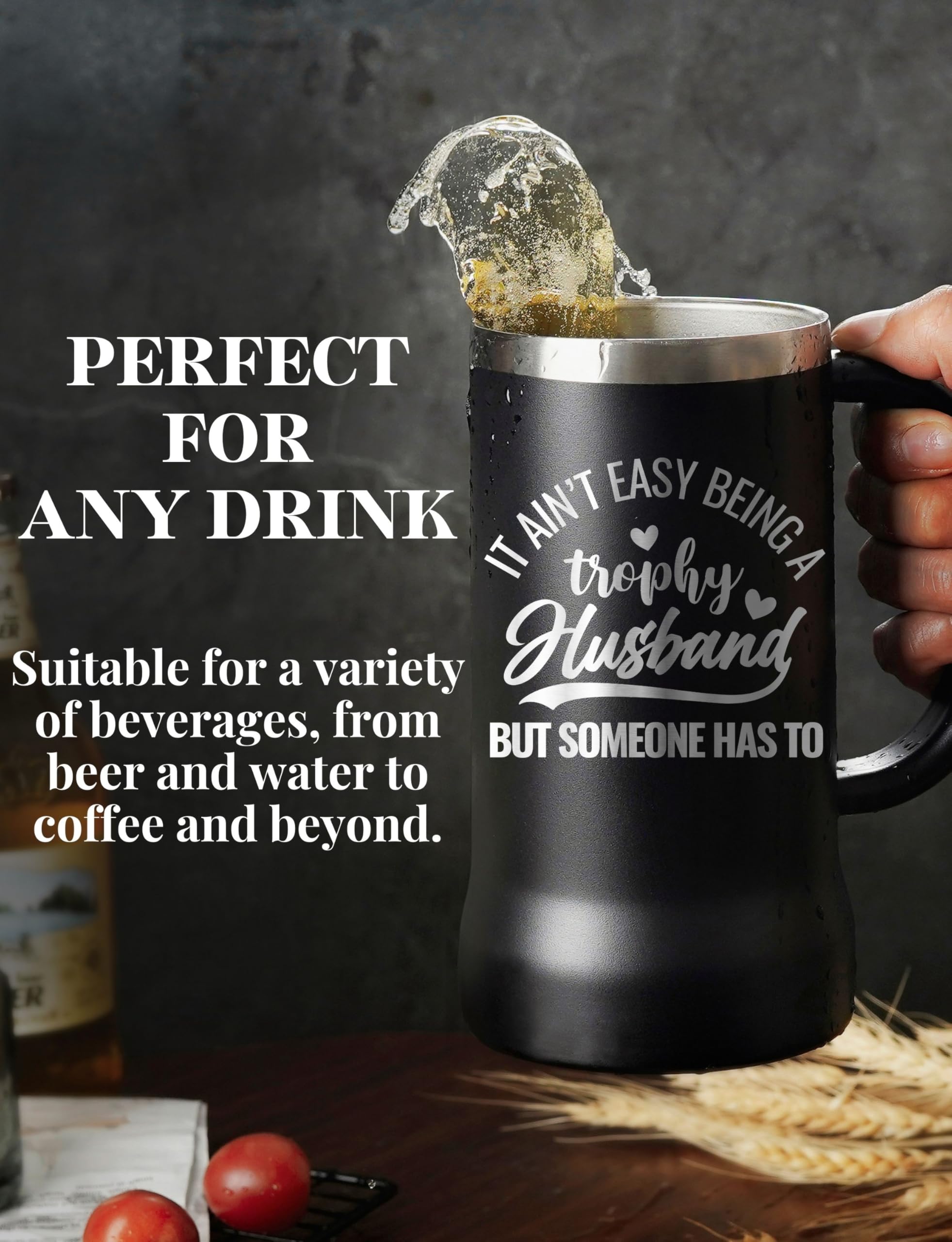 Onebttl Husband Gifts Funny Beer Stein, 24oz Stainless Steel Beer Mug with Lid for Valentine Father's Day, Christmas - Trophy Husband