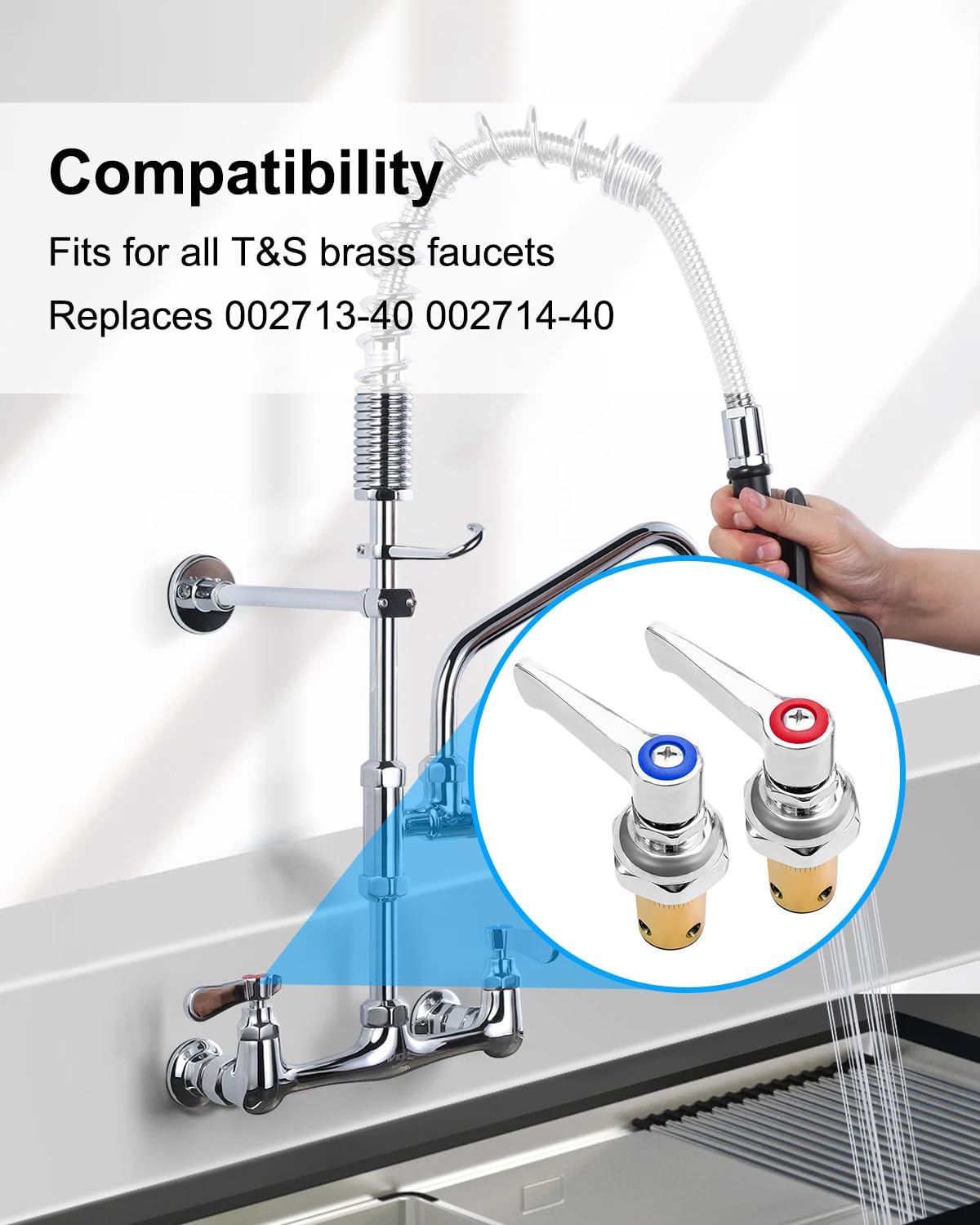 Handle Stem Assembly Fit for all T&S brass Faucets, Blue Cold and Red Hot Side Spindle Assembly Valve Replacement Part Replaces 002713-40 002714-40