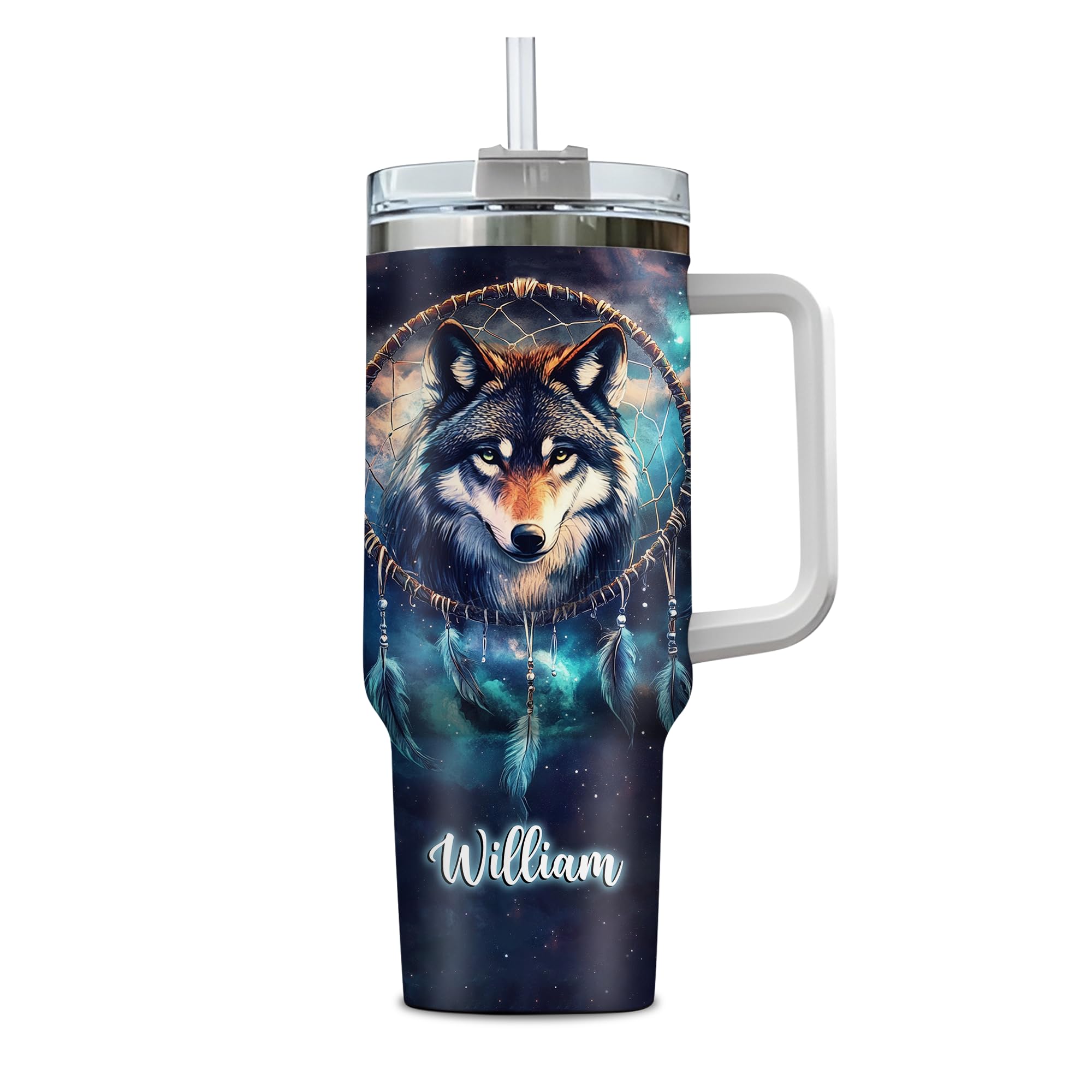 Foxcorner Personalized Wolf Tumbler 40oz with Handle & Straw - Great Wolf Dreamcatcher Gifts - Animal Lover Gifts for Men Women on Birthday Christmas - Custom Name Stainless Steel Travel Coffee Cup