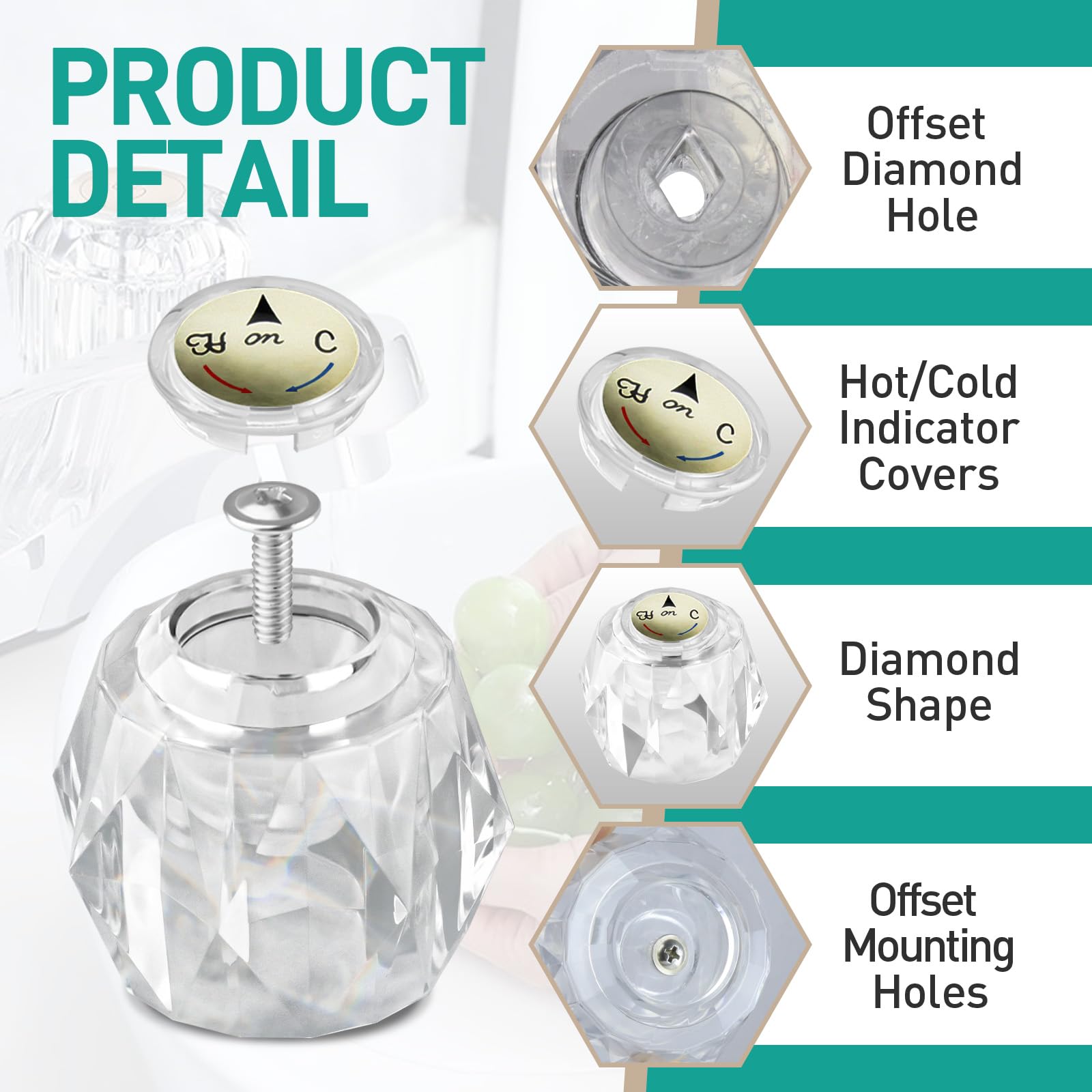 2Pcs Faucet Handle for Delta RP2391 - Single Clear Knob Handle Kit with Offset Hole for Shower/Tub, 2-1/2" x 2-1/8" Shower Knob Replacement for Delta Faucet RP2391 with Set Screw