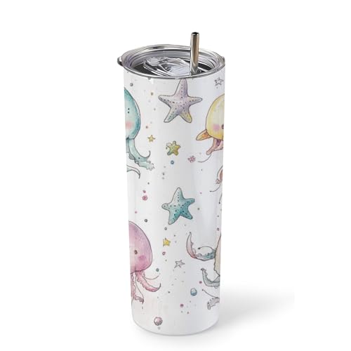 Tumbler with Lid and Straw Beautiful Colorful Jellyfish thermos coffee travel mugcute cups 20 oz insulated tumbler for Daily Holiday Decor Gift coffee cup
