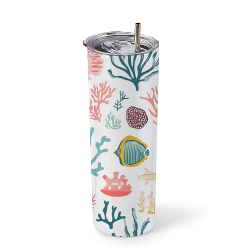 Tumbler with Lid and Straw Cartoon Water Plants and Fish thermos coffee travel mugcute cups 20 oz insulated tumbler for Daily Holiday Decor Gift coffee cup