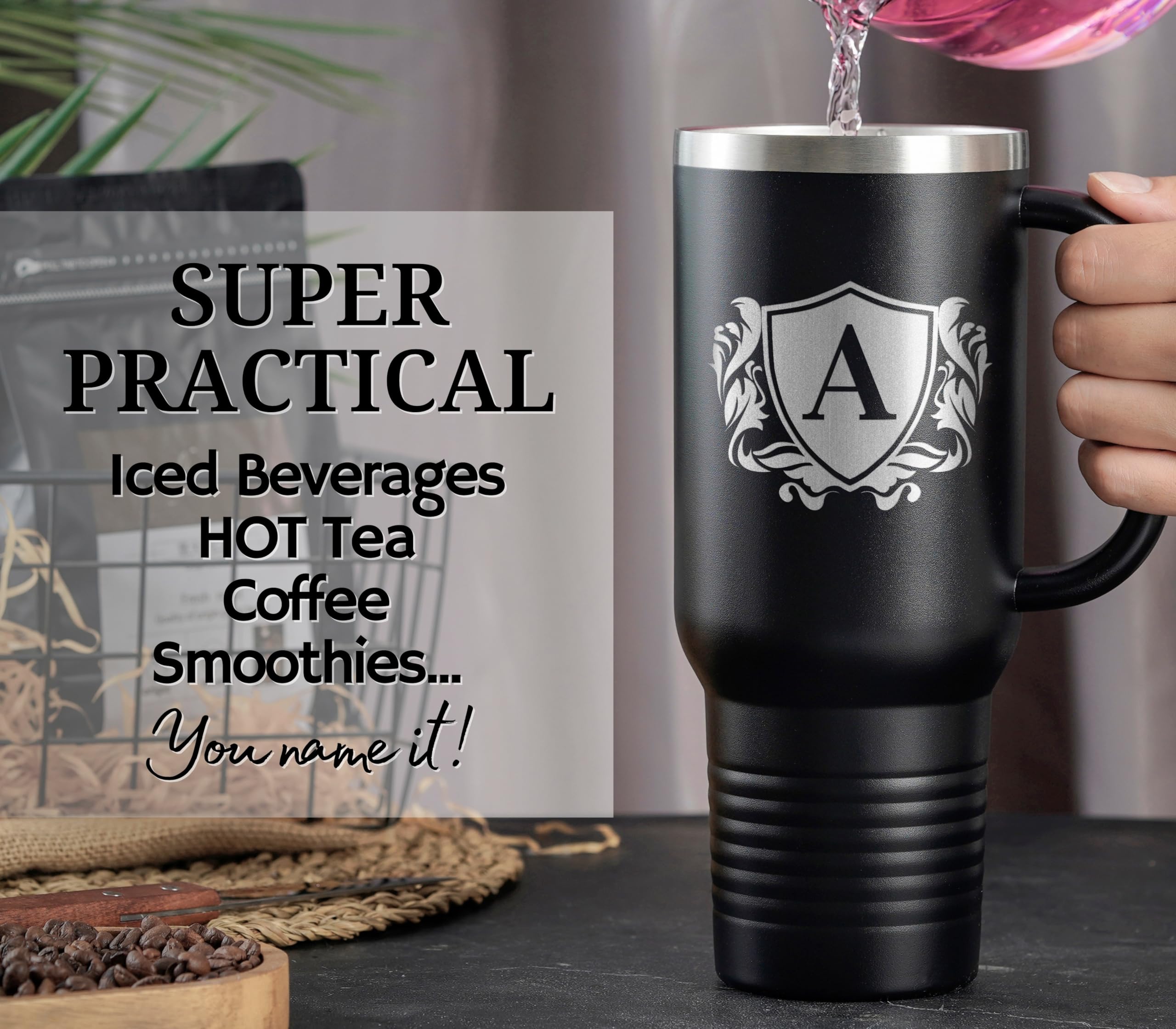 Onebttl Personalized 40 oz Tumbler with Handle and Straw, Monogrammed Travel Cup for Men, Custom Coffee Mugs, Unique Birthday Christmas Gifts for Men Who Have Everything, B
