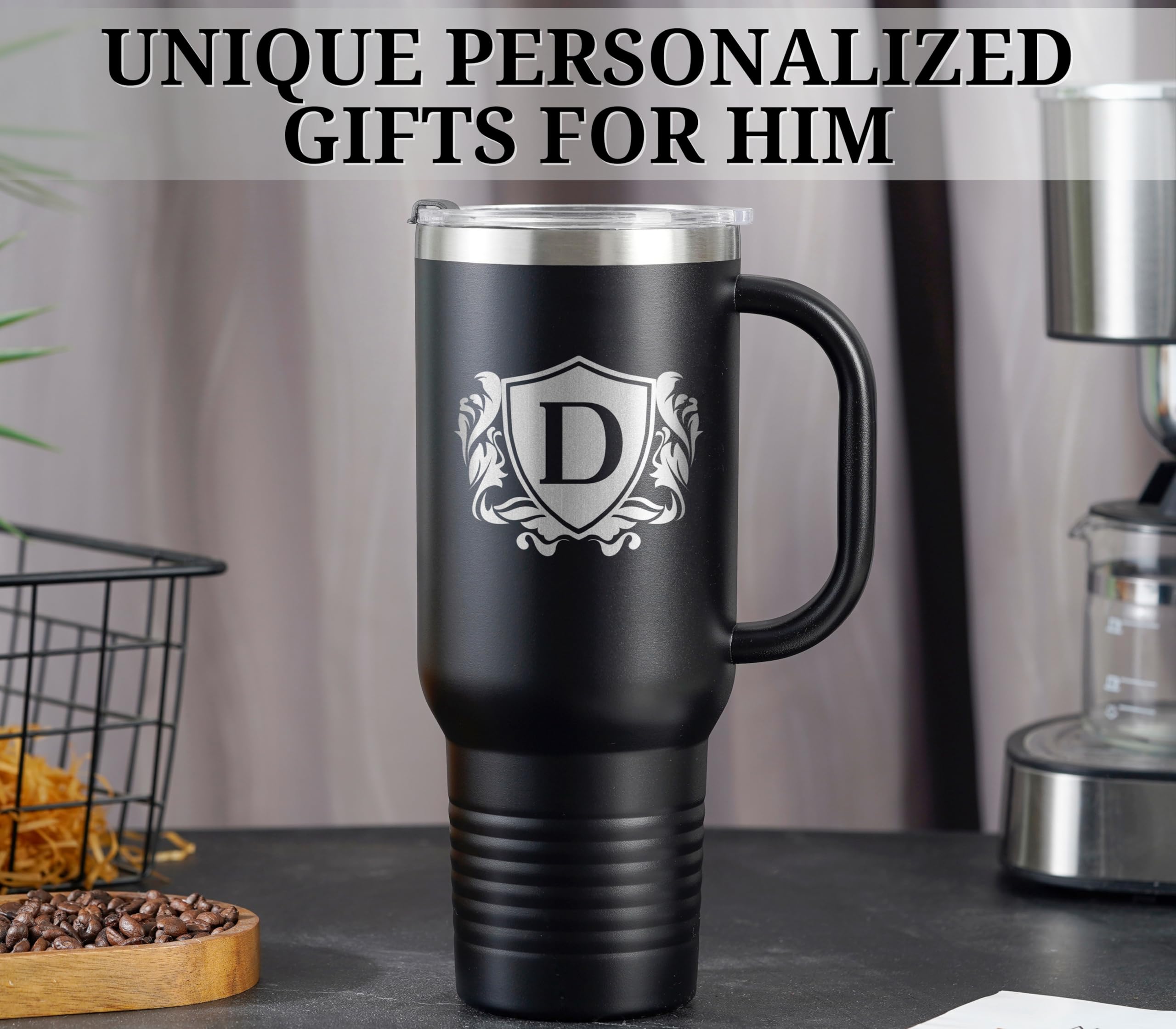 Onebttl Personalized 40 oz Tumbler with Handle and Straw, Monogrammed Travel Cup for Men, Custom Coffee Mugs, Unique Birthday Christmas Gifts for Men Who Have Everything, B